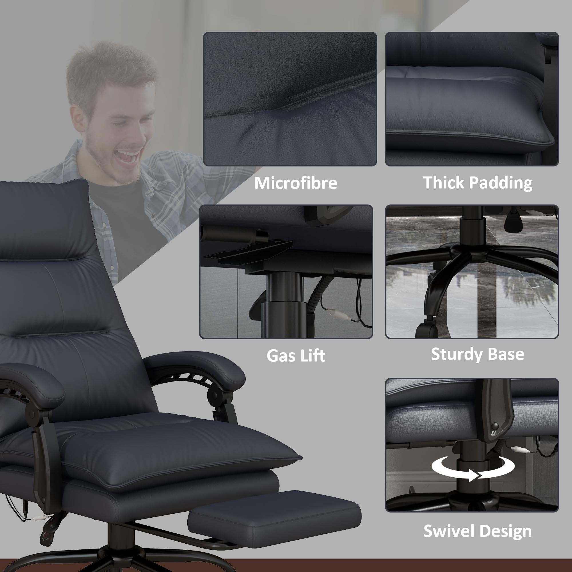 Vinsetto Executive Massage Office Chair with 6 Vibration Points, Microfiber Computer Desk Chair, Heated Reclining Chair with Footrest, Armrest, Double Padding, Charcoal Gray
