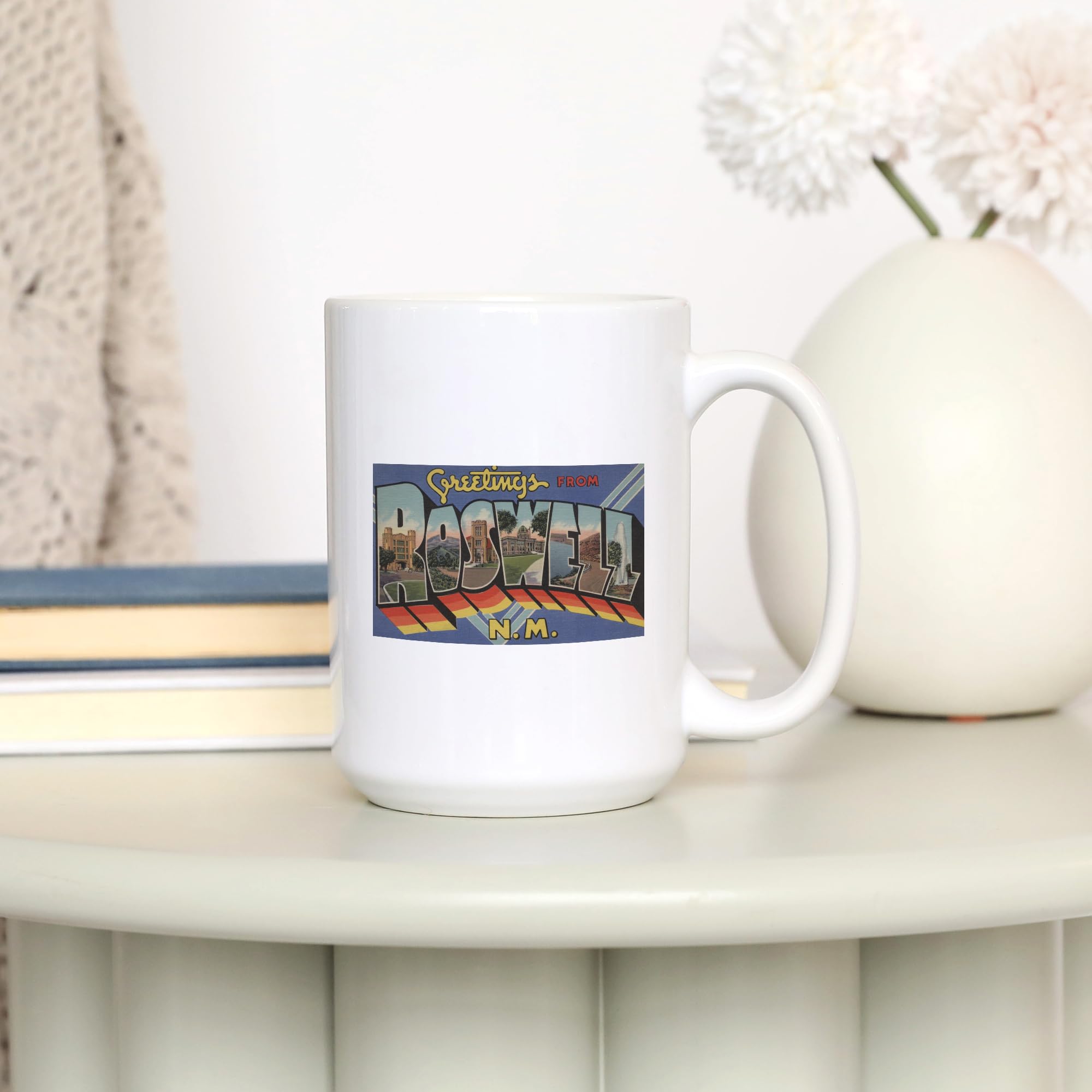 Roswell, New Mexico, Large Letter Scenes (15oz White Ceramic Coffee and Tea Mug, Dishwasher and Microwave Safe)