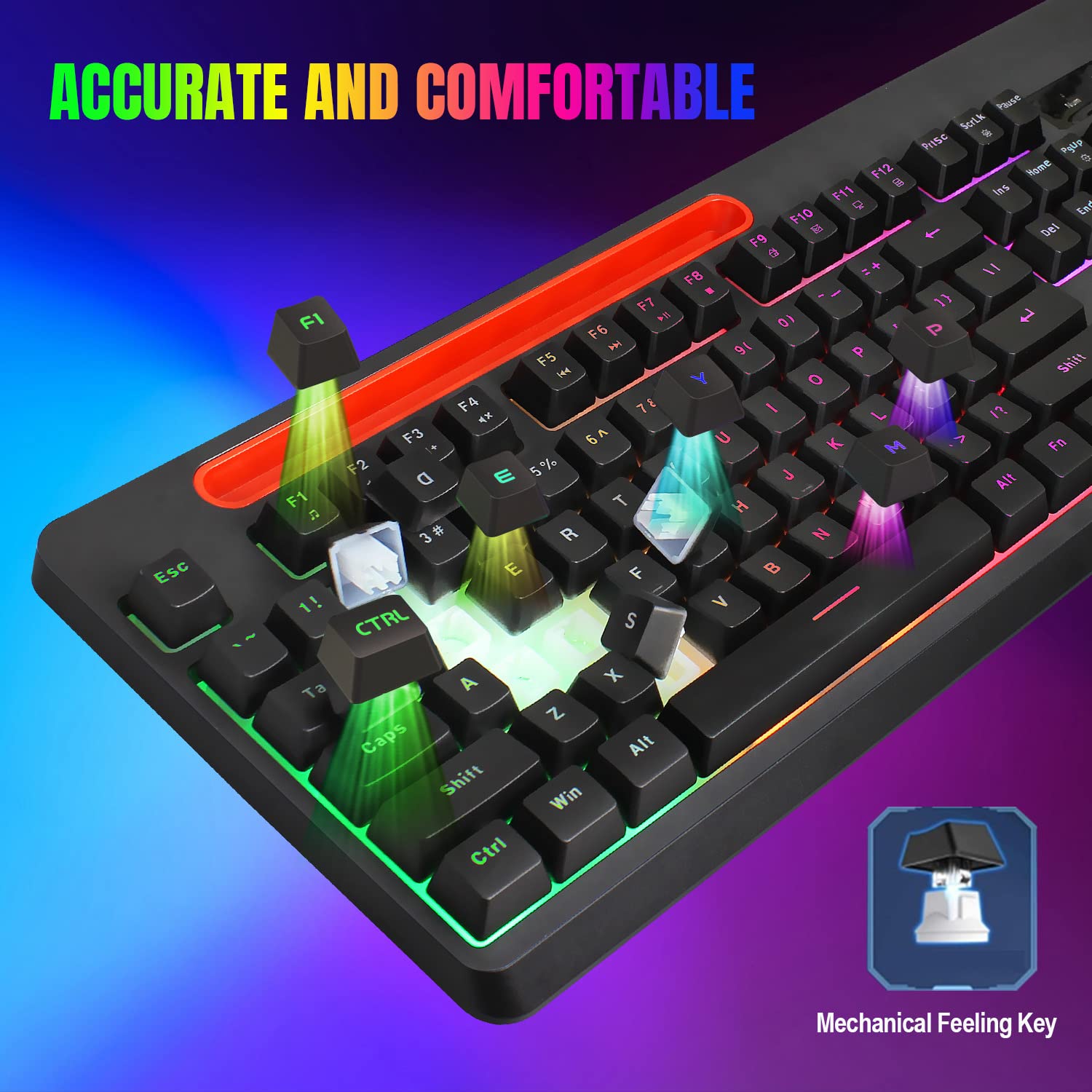 Wireless Gaming Keyboard and Mouse Combo, Snpurdiri Rainbow Backlit Mechanical Feeling Rechargeable Full Size Anti-ghosting Keyboard with Tablet/Phone Bracket, Long Battery Life for PC Gamer