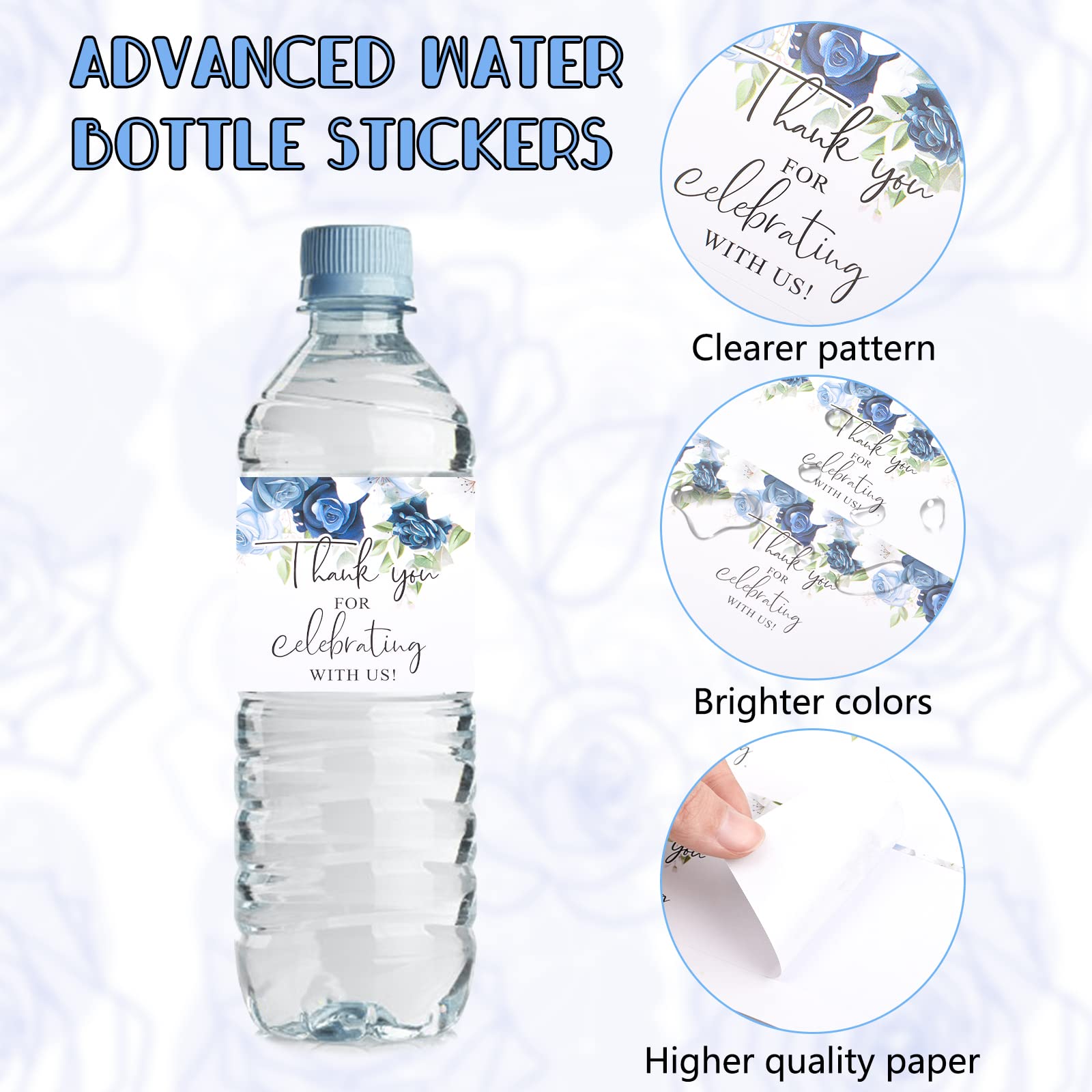 URROMA Wedding Water Bottle Labels, 50 Pcs Thank You White and Blue Rose Water Bottle Wraps Water Bottle Stickers for Birthday Baby Shower