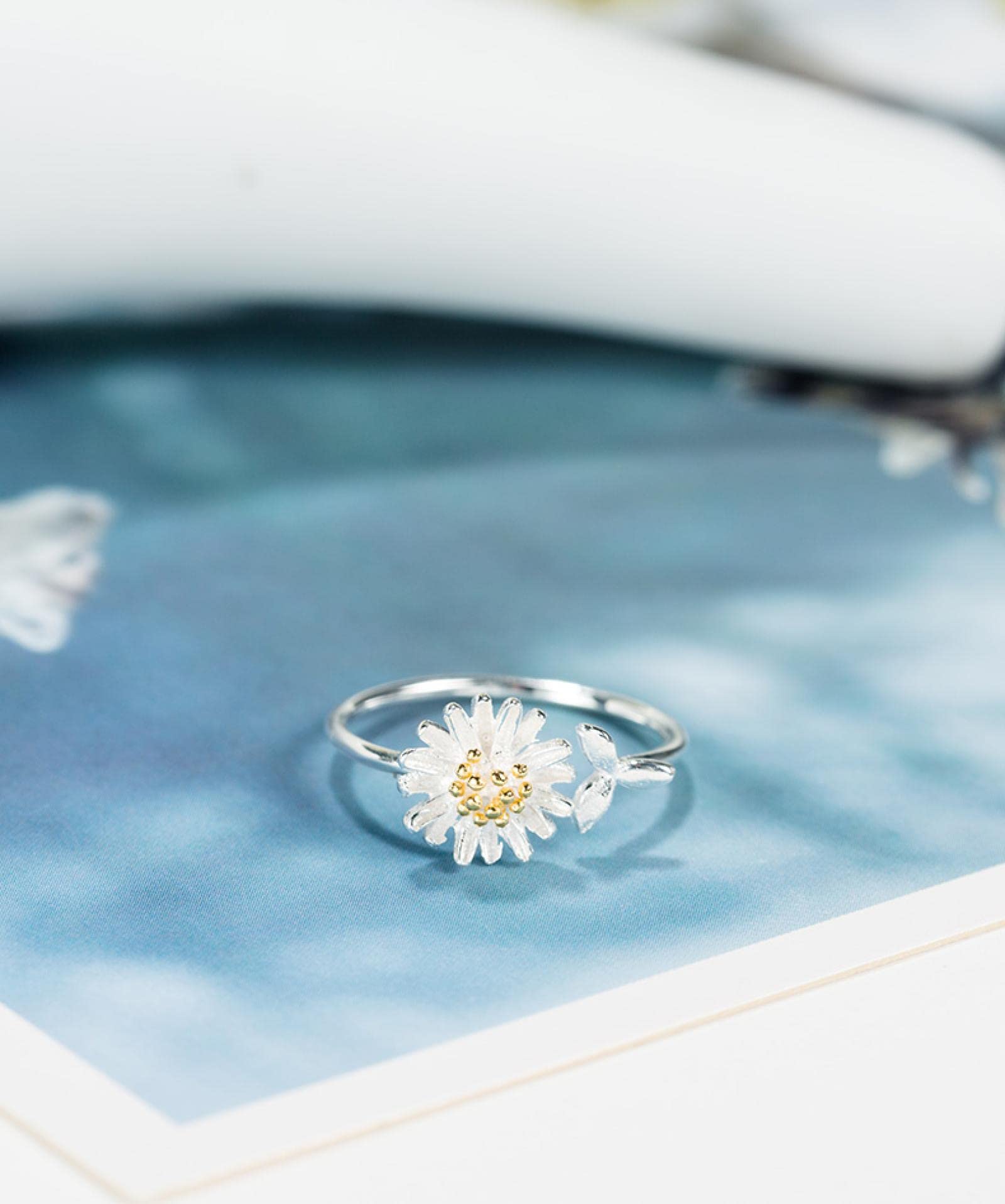 Women'S Sterling Silver Open Ring, Daisy Ring, Adjustable Size Ring 1