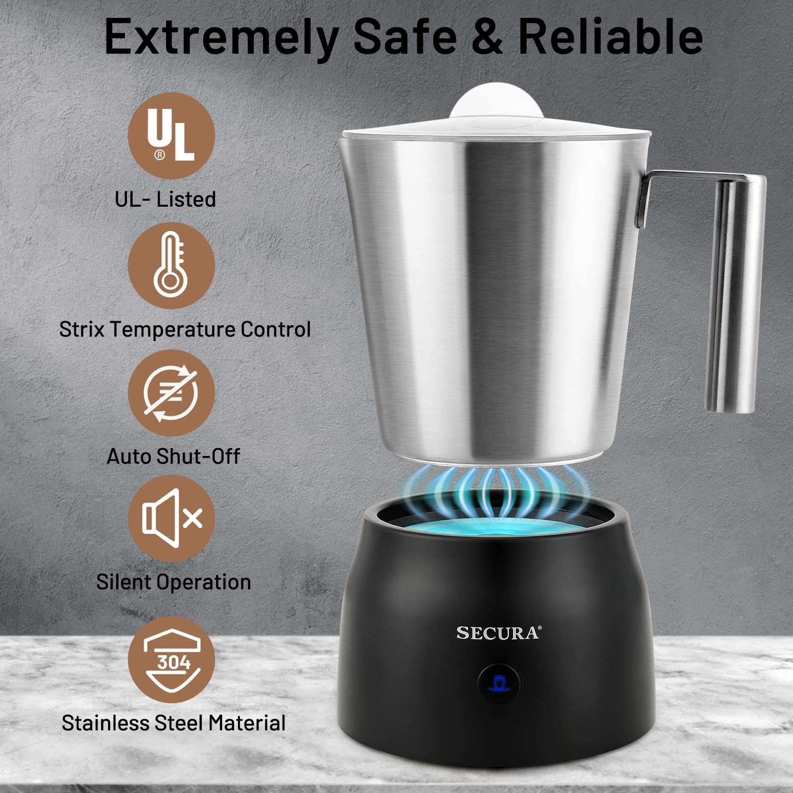 Secura Detachable Milk Frother, 17oz Electric Milk Steamer Stainless Steel, Automatic Hot/Cold Foam and Hot Chocolate Maker with 2 in 1 Function Whisks (Upgraded)