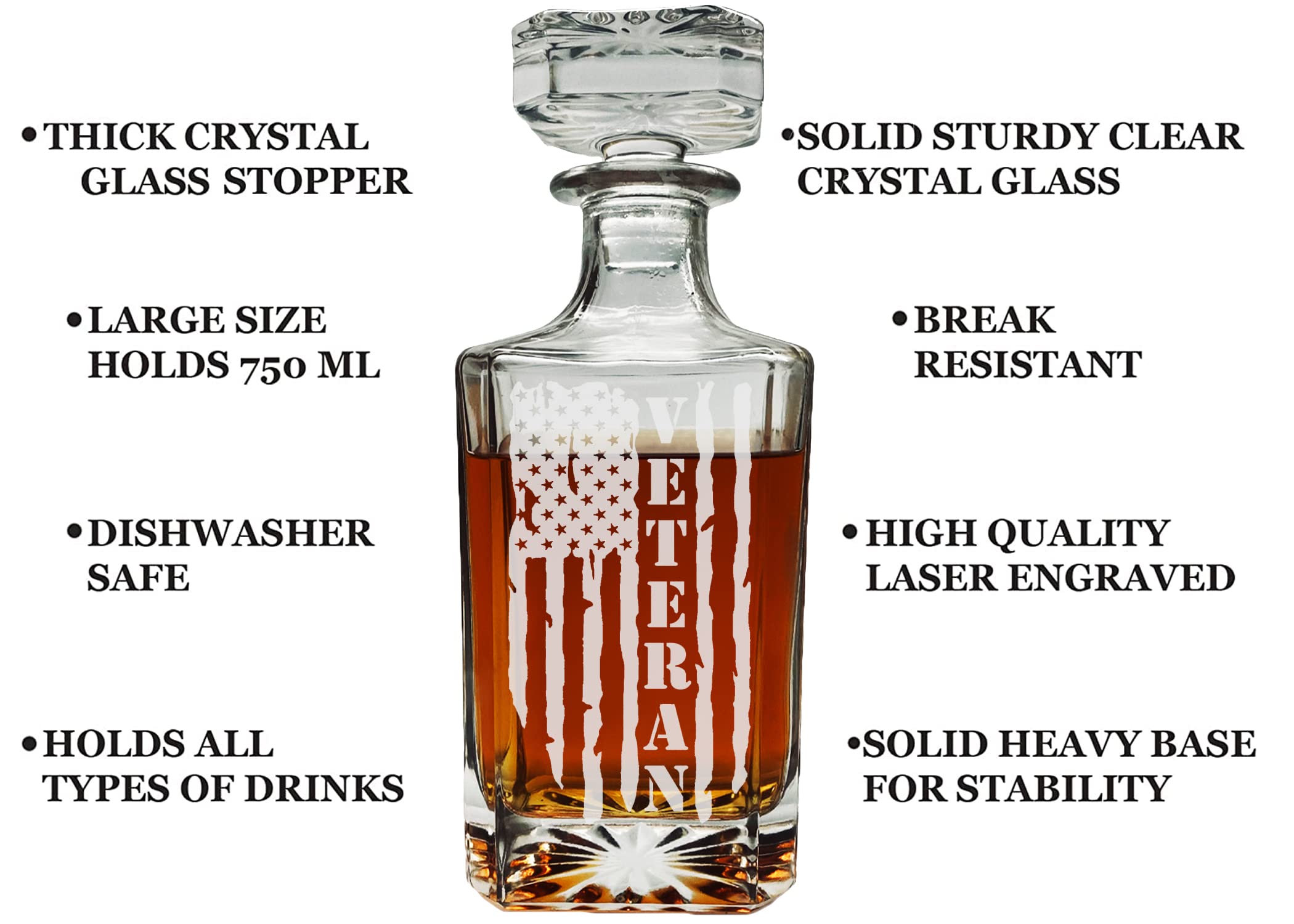 Veteran American Tattered Flag USA Patriotic Whiskey Decanter With Glass Stopper Custom Gift For Men Dad Veteran Father's Day