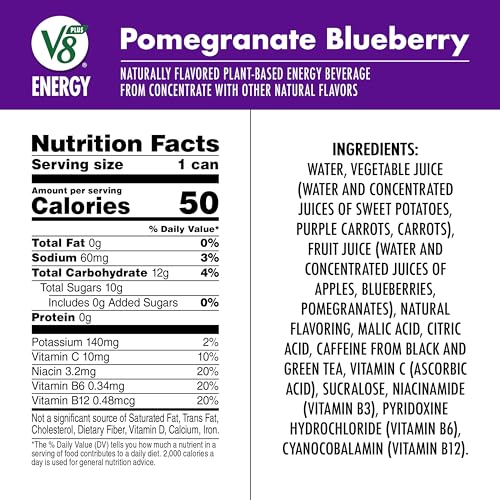 V8 +ENERGY Pomegranate Blueberry Energy Drink, Made With Real Vegetable And Fruit Juices, 8 Fl.Ounce Can (Case of 24)