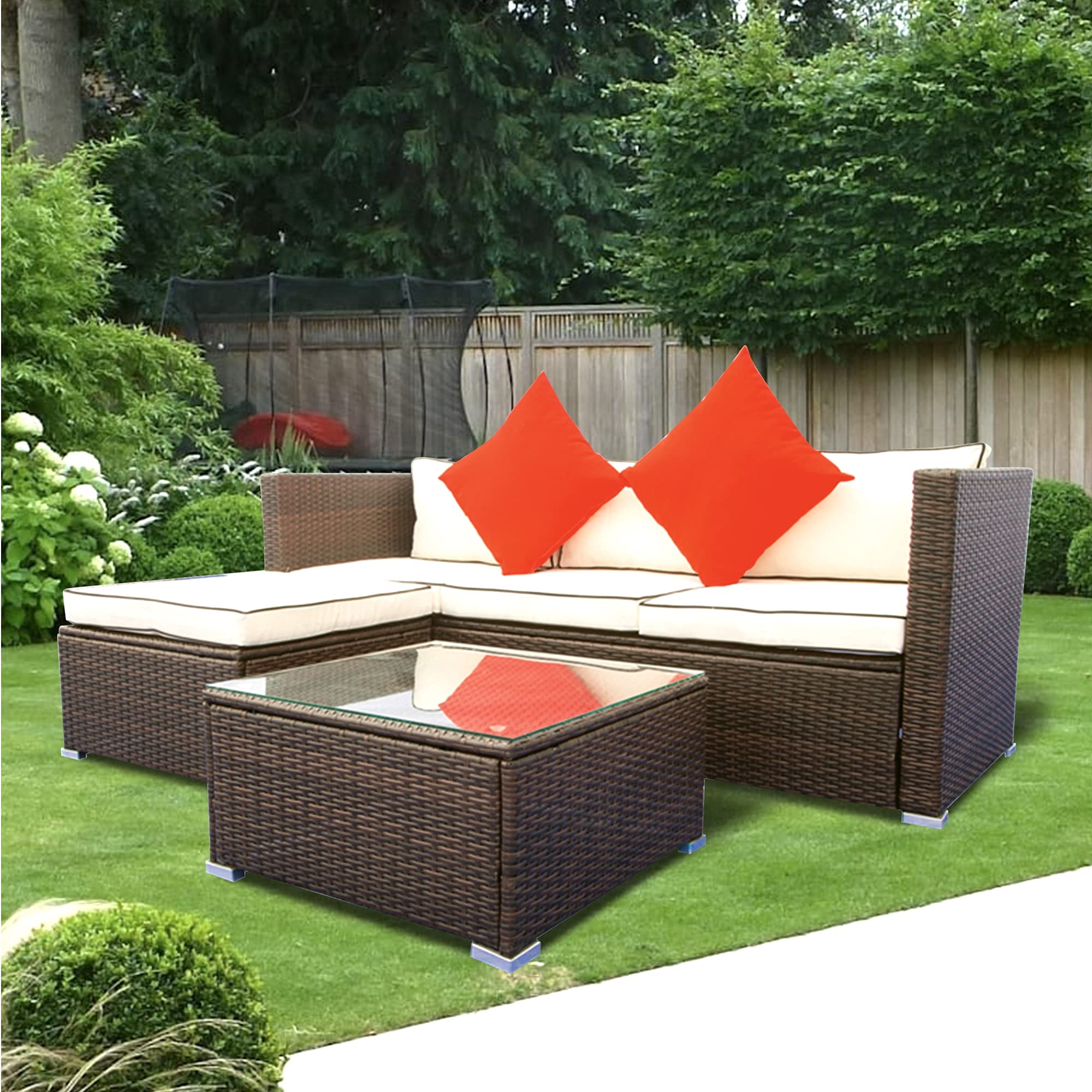 Patio Furniture Sectional Sets 3 Pieces - Outdoor Sectional Sofa Wicker Rattan Lawn Conversation Set Cushioned Garden Sofa with Glass Table (Beige)