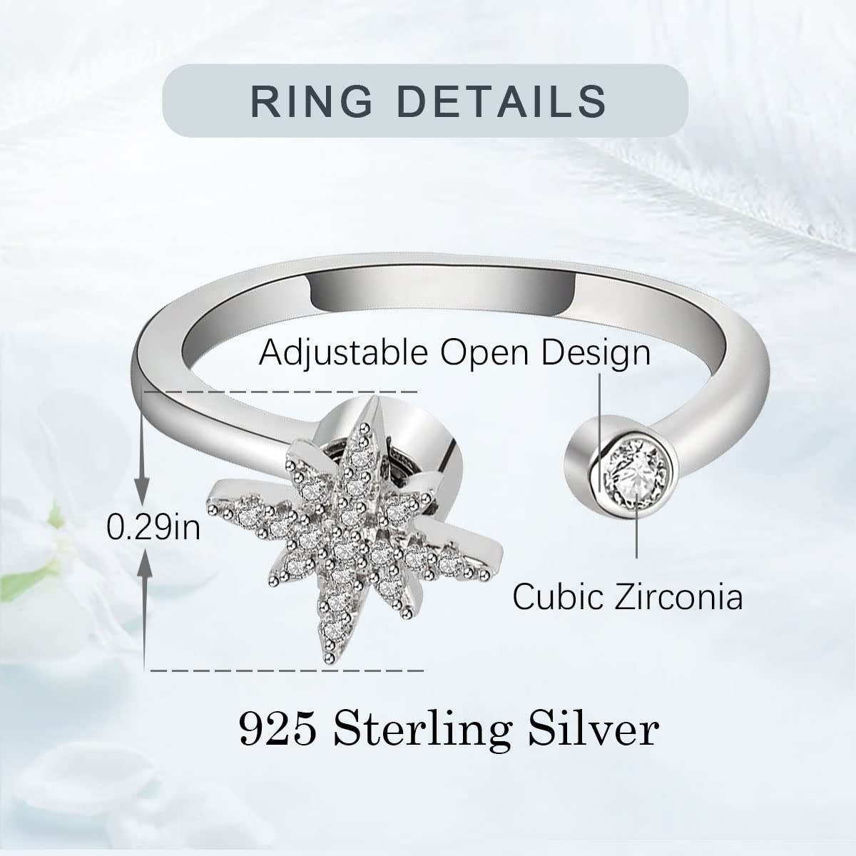 Vito Sterling Silver Fidget Anxiety Ring for Women Girls, Adjustable Open Spinner Ring, Rotatable North Star Stress Relief Band Ring, Stacking Ring Jewelry Gift for Mother Sister