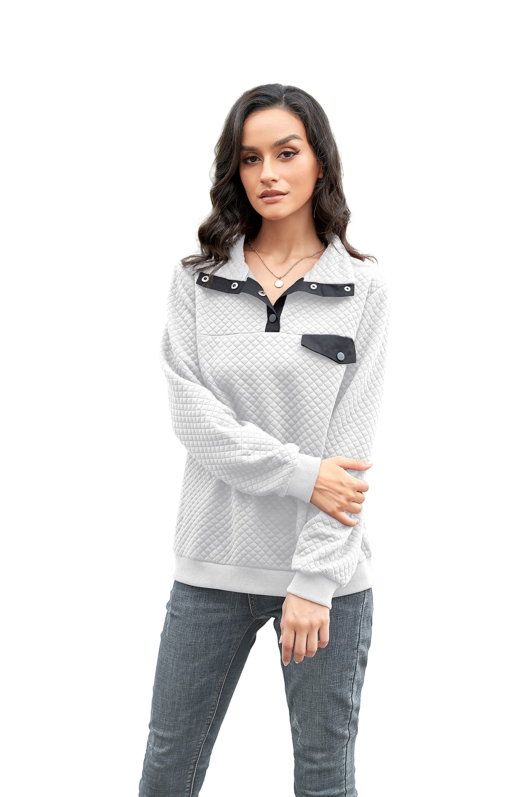 TASAMO Women Fashion Long Sleeve Plain Casual Ladies Sweatshirts Pullovers Button Down Shirts Tops (Large, White)