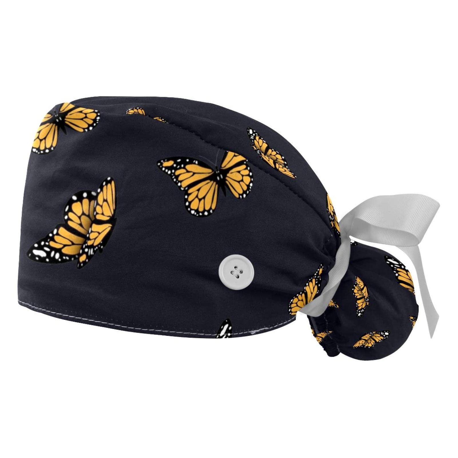 Yellow Butterfly Black Background Working Caps with Buttons, Long Hair Scrub Hats Ponytail Holder for Women