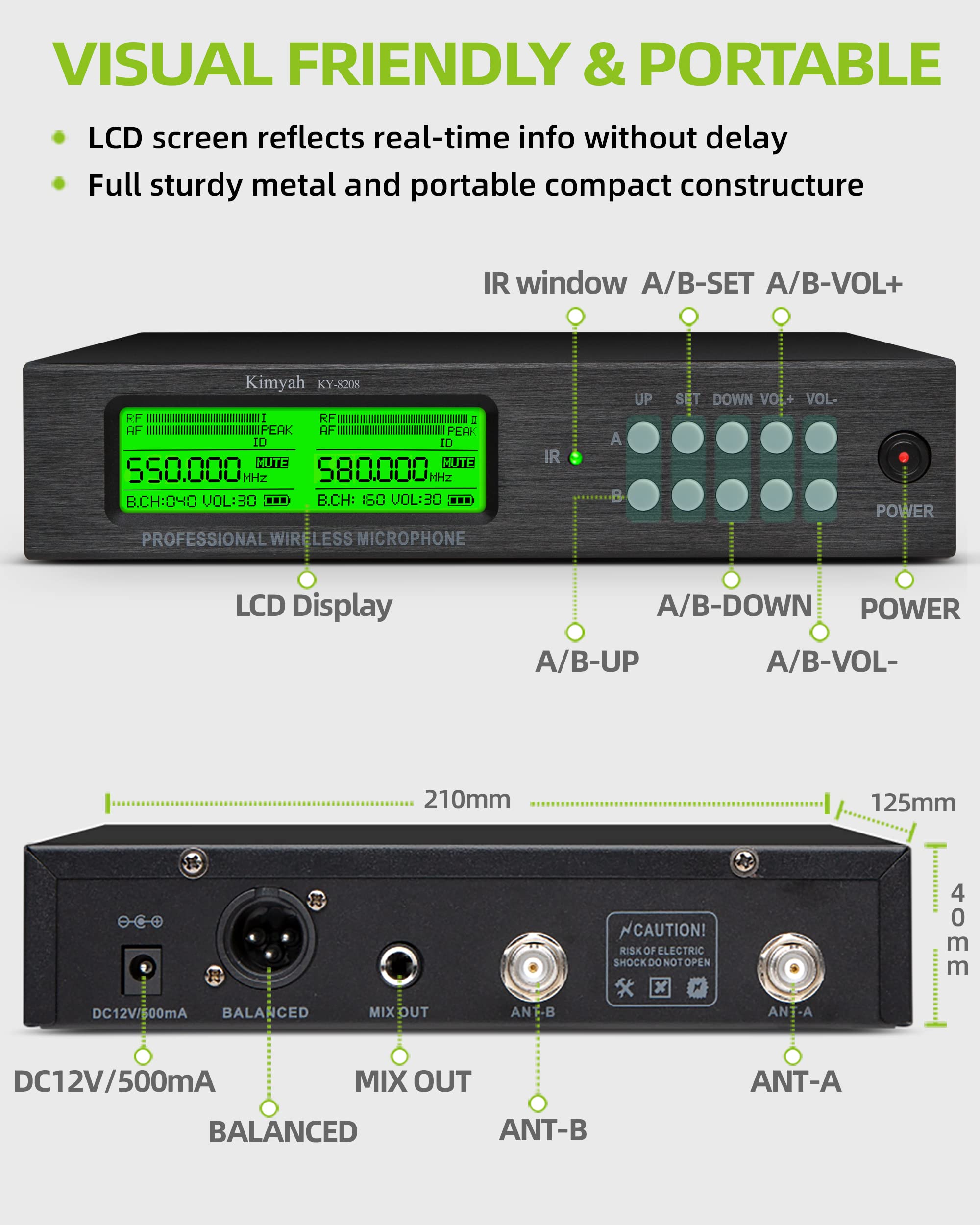 Wireless Microphone System, All Metal Dual UHF Cordless Mics of Handheld, 328ft Range, Ideal for Church, Conference and Karaoke, DJ, Wedding(KY-8208)