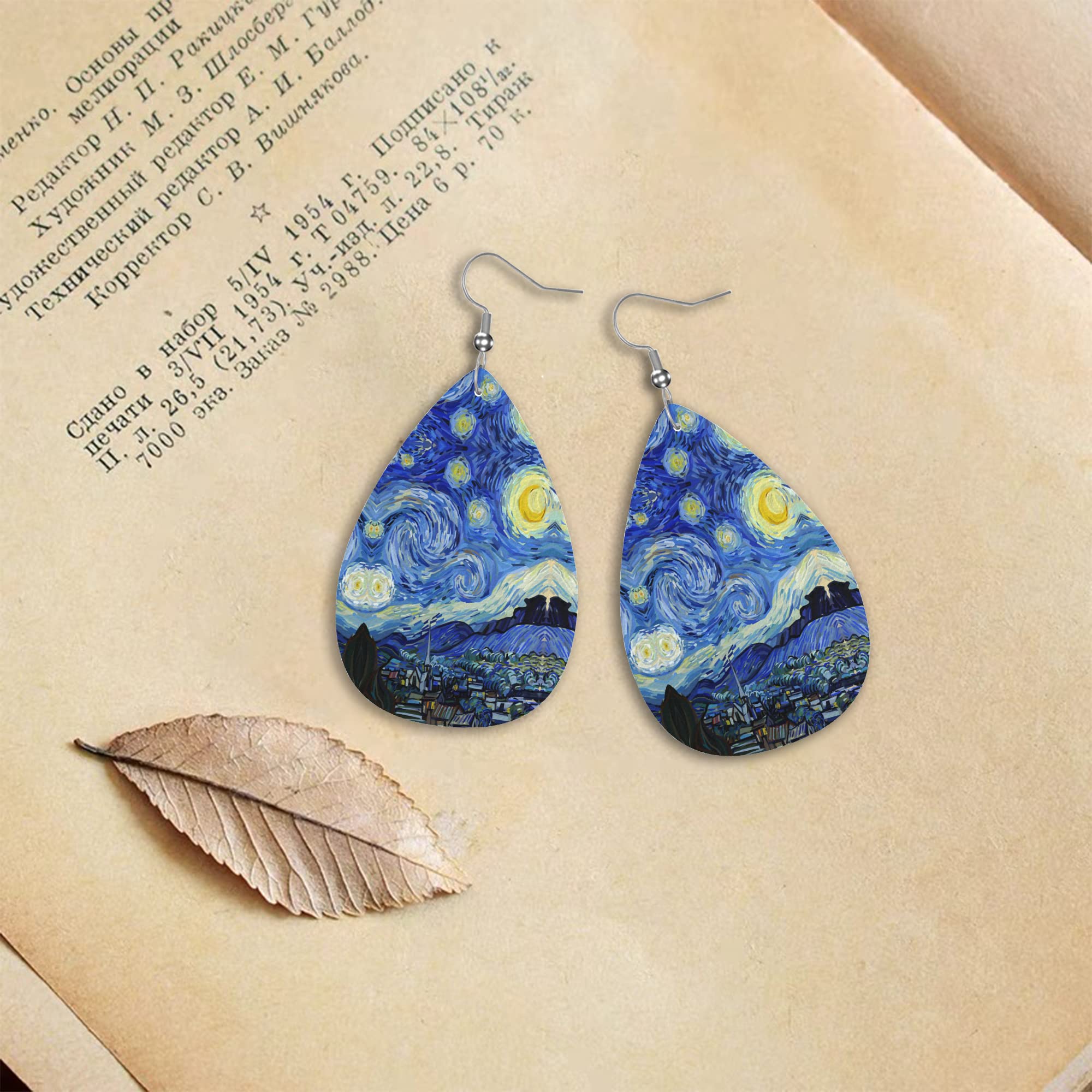 ZTHLL Leather Teardrop Earrings For Women,Van Gogh Starry Night Pattern Western Earrings For Girls Gift Drop Lightweight Dangle Earrings