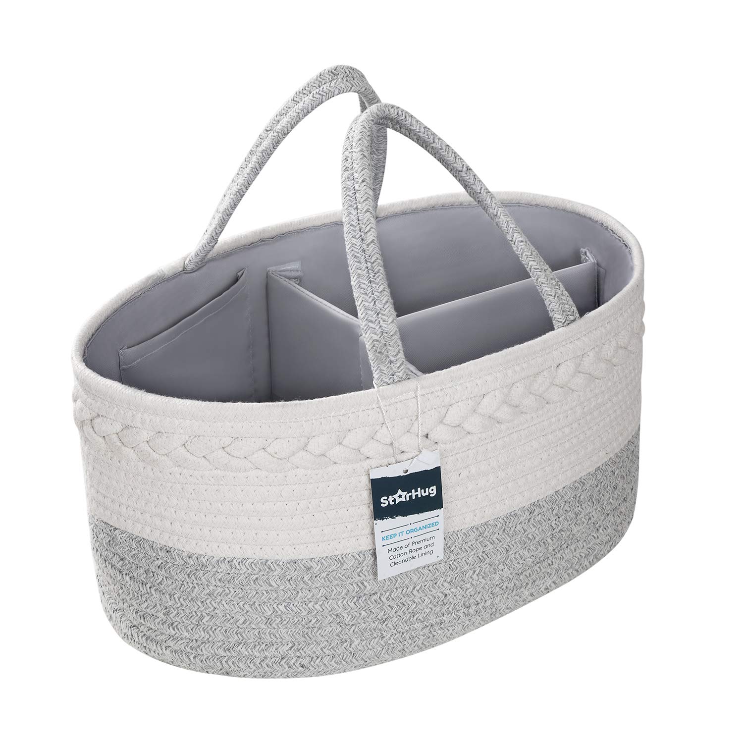 StarHug Baby Diaper Caddy Organizer β Baby Shower Basket with 2 Inner Pockets, Cleanable Interior, 100% Cotton Rope, Eco-Friendly, Large (Diaper Caddy + Portable Changing Pad)