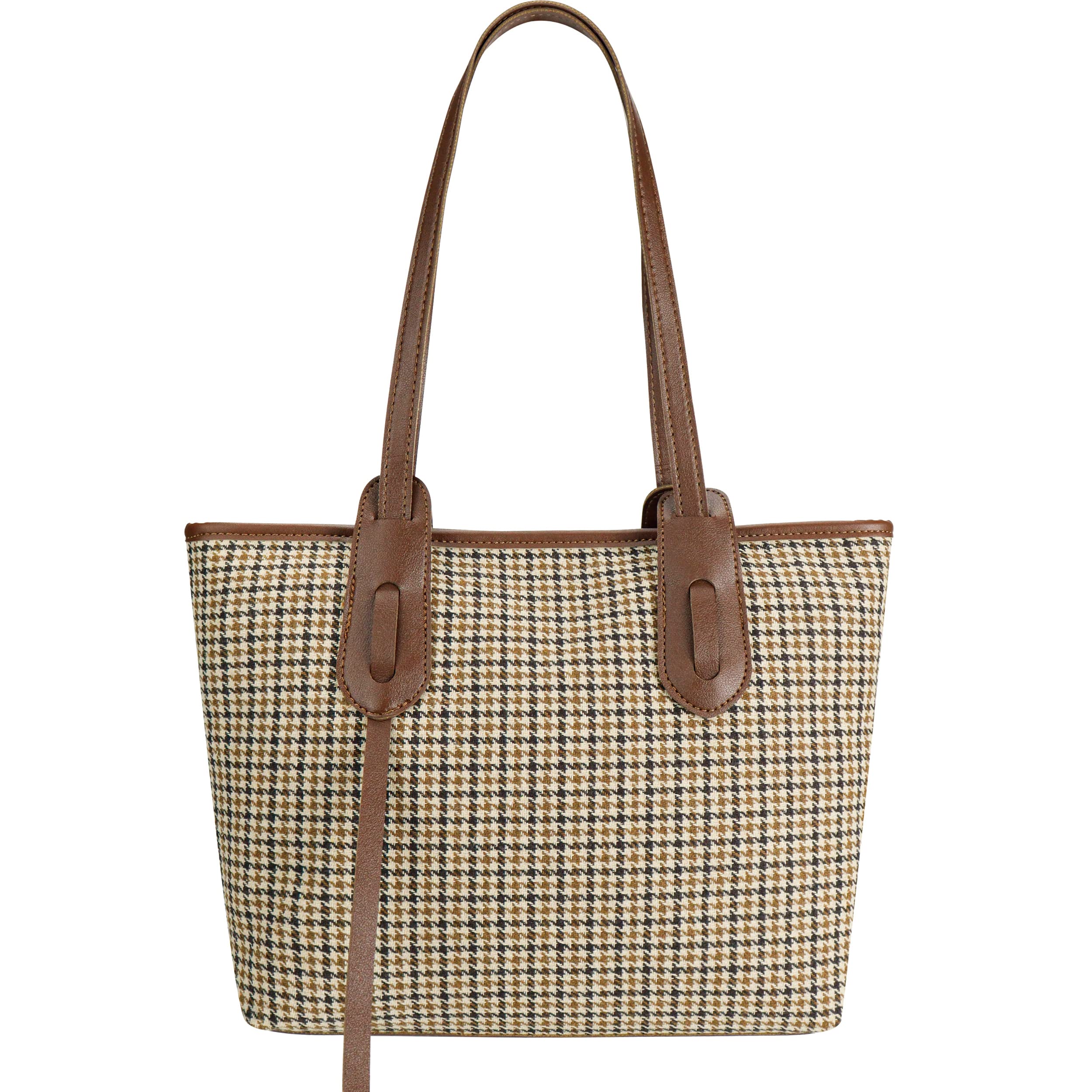 Whale Power Tote Bag for Women Houndstooth Shoulder Handbags Medium Size Purses with Zipper Brown