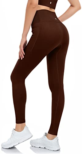 Women's Yoga Workout 2 Piece Seamless Sets with Ribbed Design, High Neck or One Shoulder Strap Top