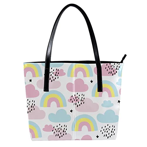 Women's Large Size Canvas Shoulder Bag Hobo Crossbody Handbag Casual Tote, Cartoon Rainbow Cloud