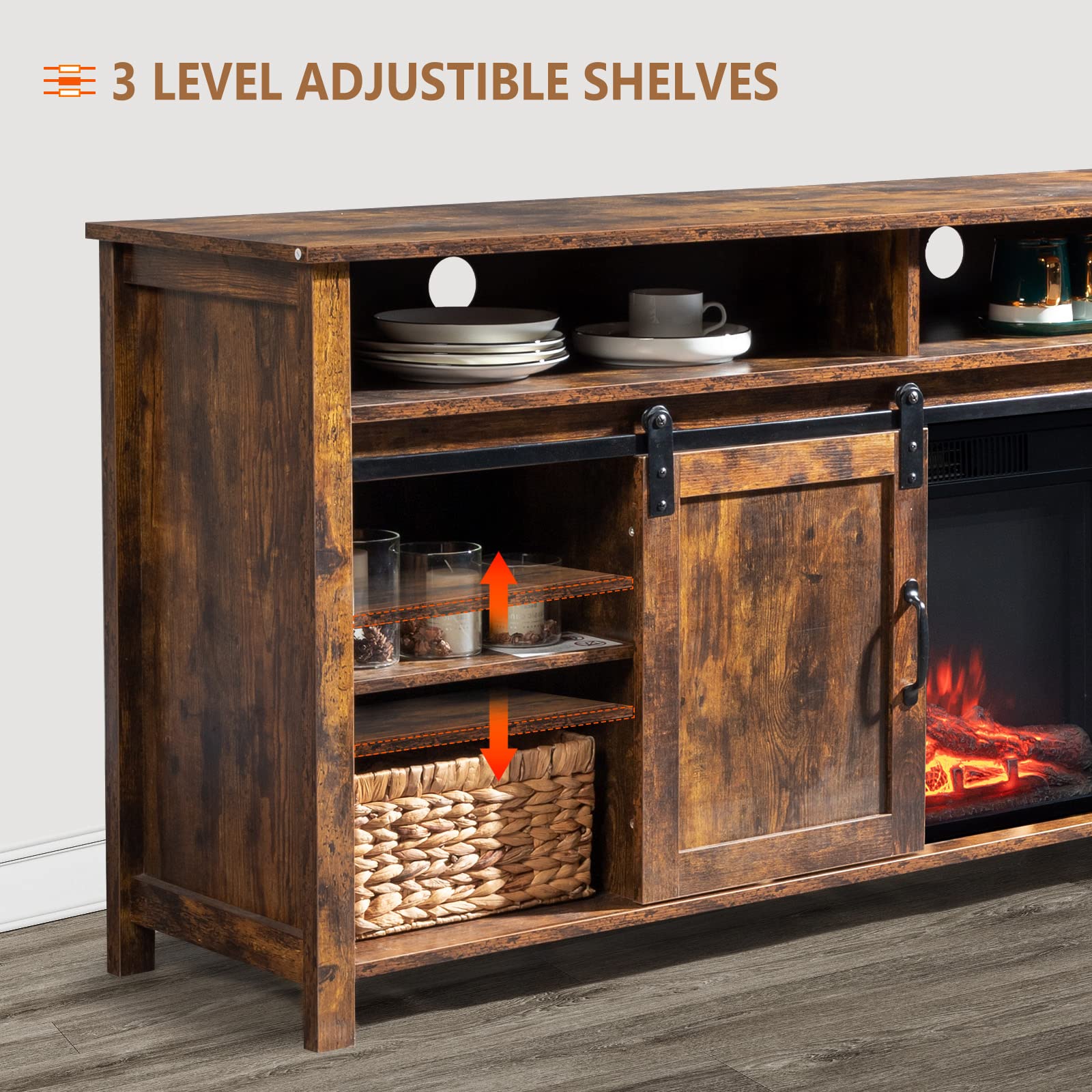 VINGLI Fireplace TV Stand for TVs Up to 65 Inch, Farmhouse Entertainment Center with 1500W/23'' Electric Fireplace Insert and Sliding Barn Doors (59'' x 16'' x 29'', Rustic Brown)