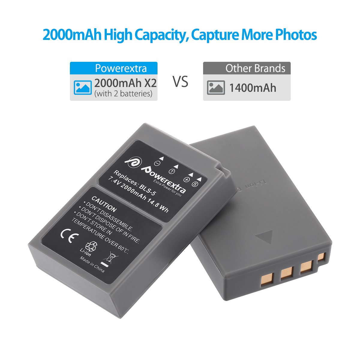 Powerextra 2 Pack Battery & Charger Compatible for Olympus BLS-5, BLS-50, PS-BLS5 and Olympus OM-D E-M10, Pen E-PL2, E-PL5, E-PL6, E-PL7, E-PM2, Stylus 1