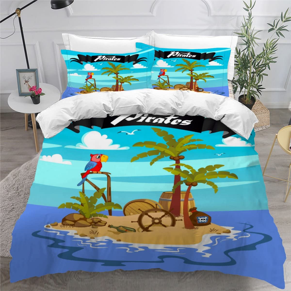 Quilt Cover Queen Size The Treasure 3D Bedding Sets Pirate Island Duvet Cover Breathable Hypoallergenic Stain Wrinkle Resistant Microfiber with Zipper Closure,beding Set with 2 Pillowcase