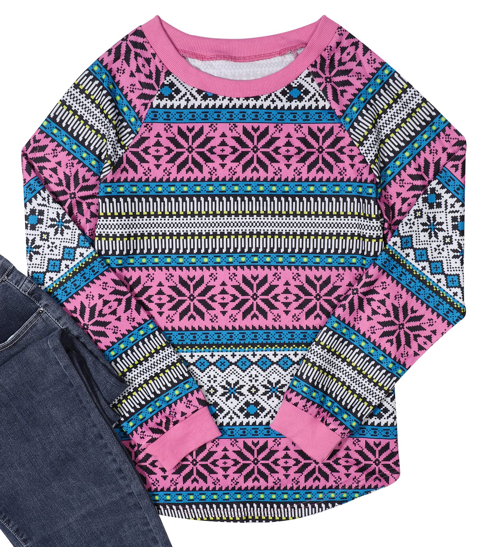 UNIQUEONE Christmas Sweatshirts For Women Xmas Snowflake Shirts Raglan Sleeve Blouse Loose Knitted Pullover Tops Pink
