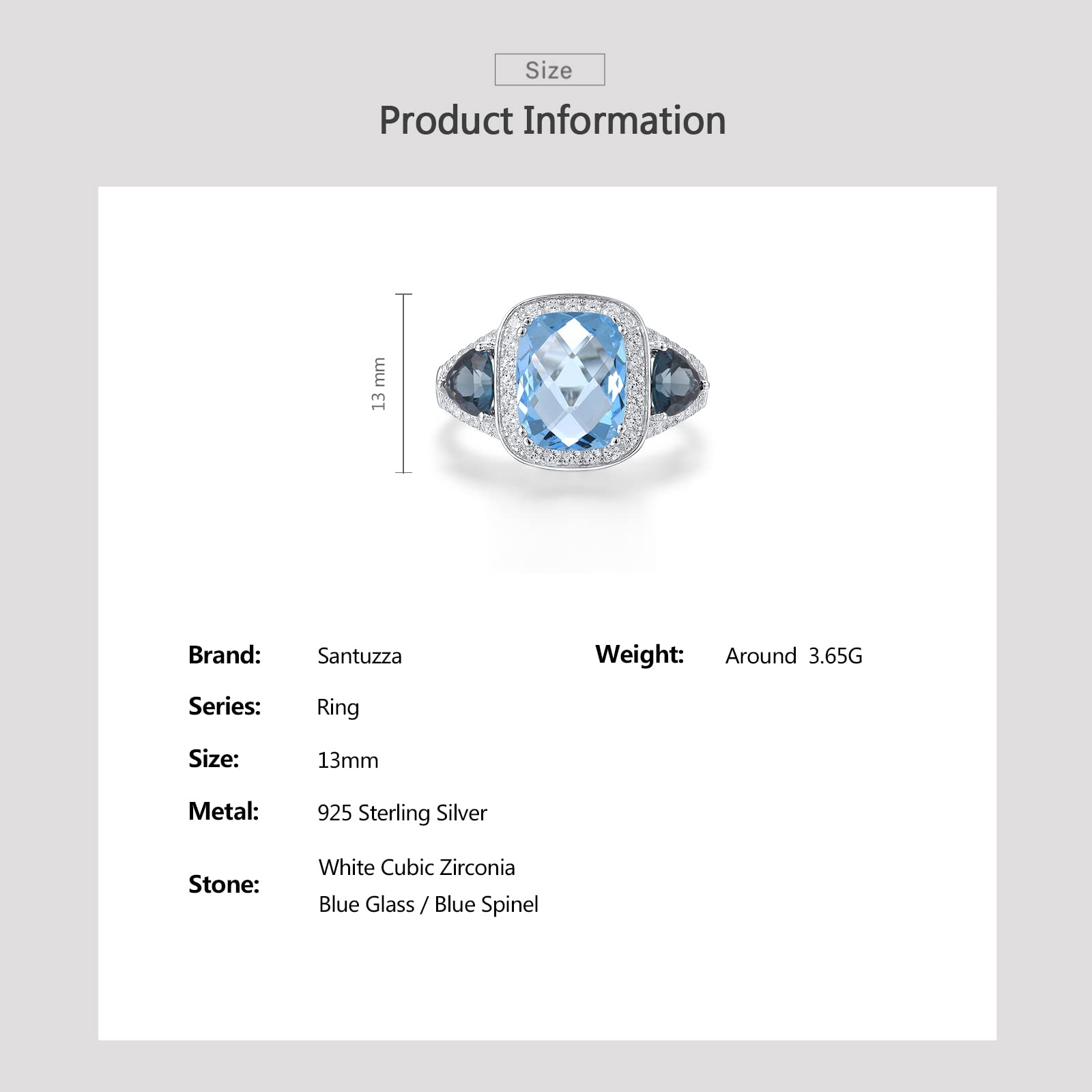 Santuzza 925 Sterling Silver Ring 2.75CT Blue Glass Blue Spinel White Cubic Zirconia Rings(9)