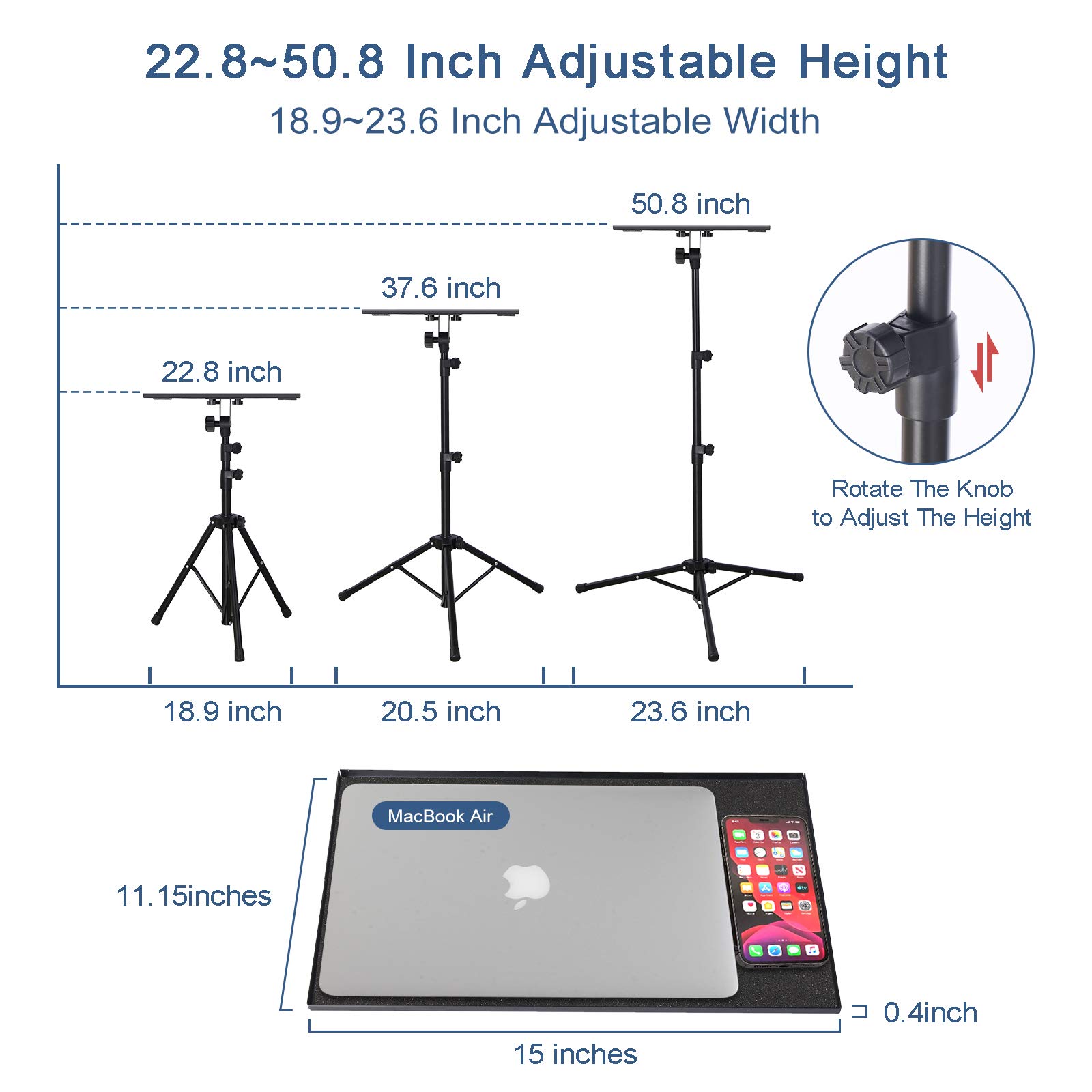 YouMeekc Laptop Stand, Adjustable & Foldable Tripod with Gooseneck Phone Holder, Suitable for Laptop, Projector, DJ Equipment, Office