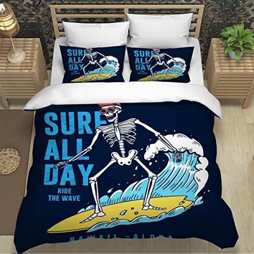 Quilt Cover Twin Size Skeleton 3D Bedding Sets Surfer Duvet Cover Breathable Hypoallergenic Stain Wrinkle Resistant Microfiber with Zipper Closure,beding Set with 2 Pillowcase