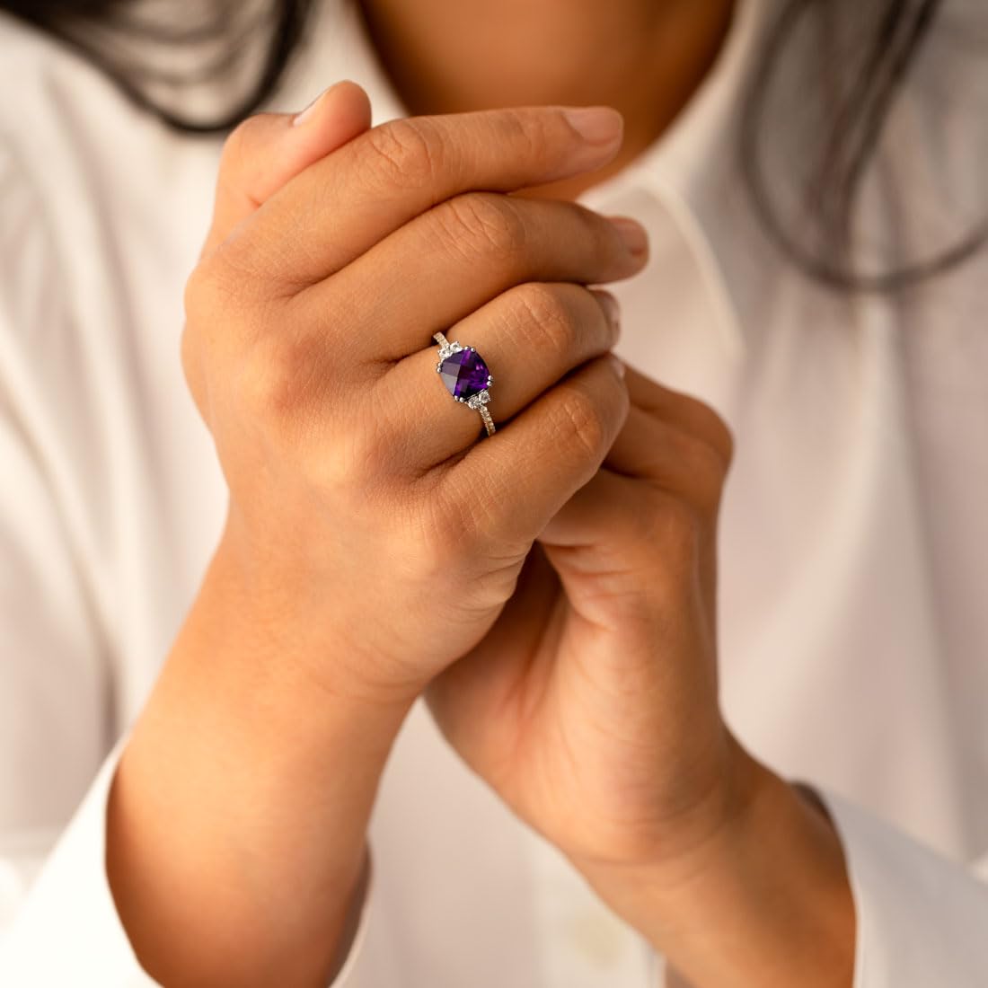 PEORA Amethyst Ring for Women 14K White Gold with White Topaz, Genuine Gemstone Birthstone, Designer 2 Carats Cushion Cut 8mm, Size 7