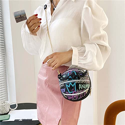 Womens Cross Body Handbag Basketball Shaped Chain Round Messenger Tote Shoulder PU Leather All-match Satchel Small Bag (Graffiti A)