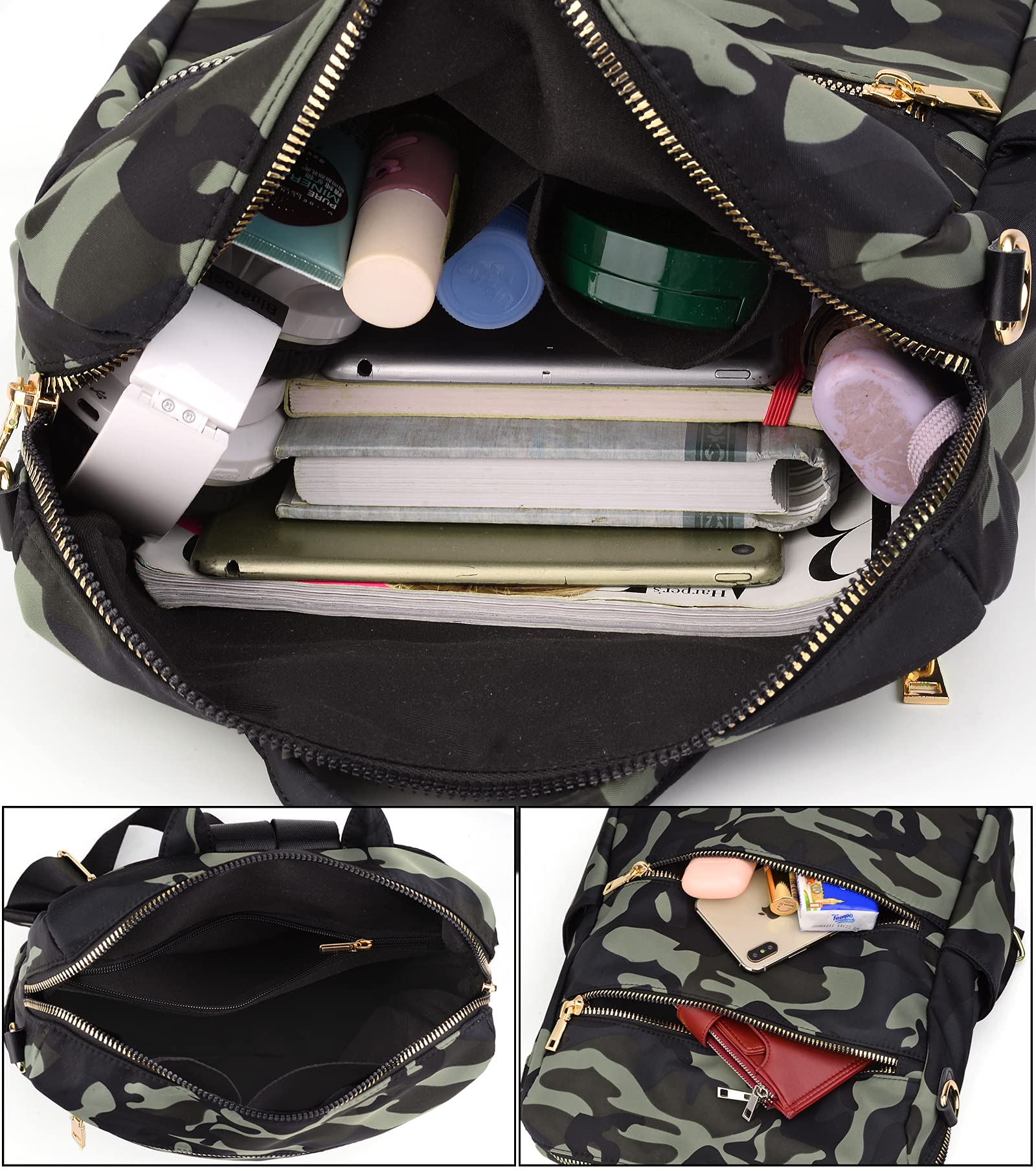 UTO Camo Waterproof Backpack for Women Durable Nylon Multipurpose Roomy Multi pockets Travel Business Shoulder Bag Zoya Camo Green