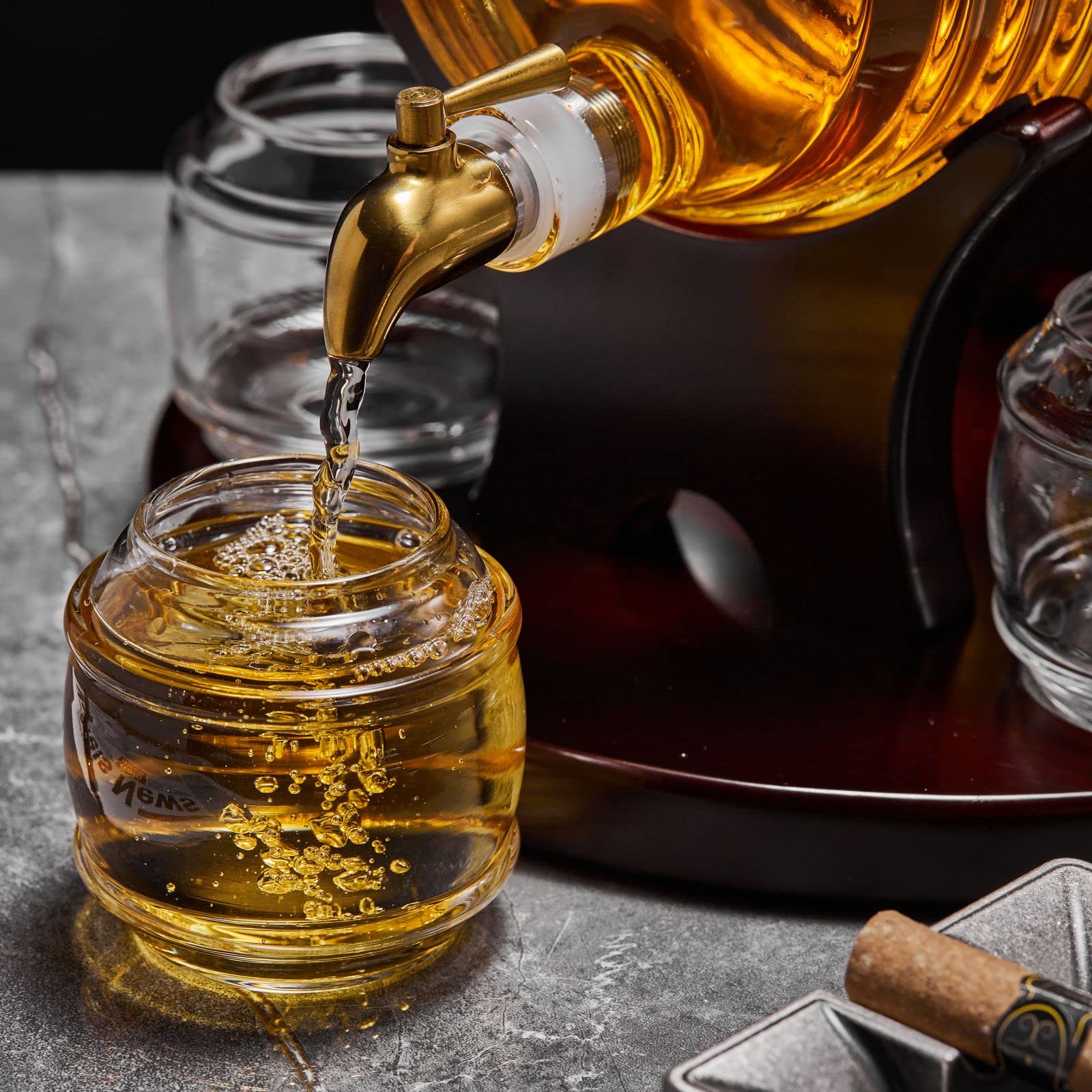 Whiskey Barrel Decanter Set - Liquor Dispenser Birthday Valentine's Day Gifts Ideas for Men Husband - 1350ML Decanter with 4 Whiskey Glasses for Alcohol, Bourbon, Scotch, Vodka, Tequila, Wine