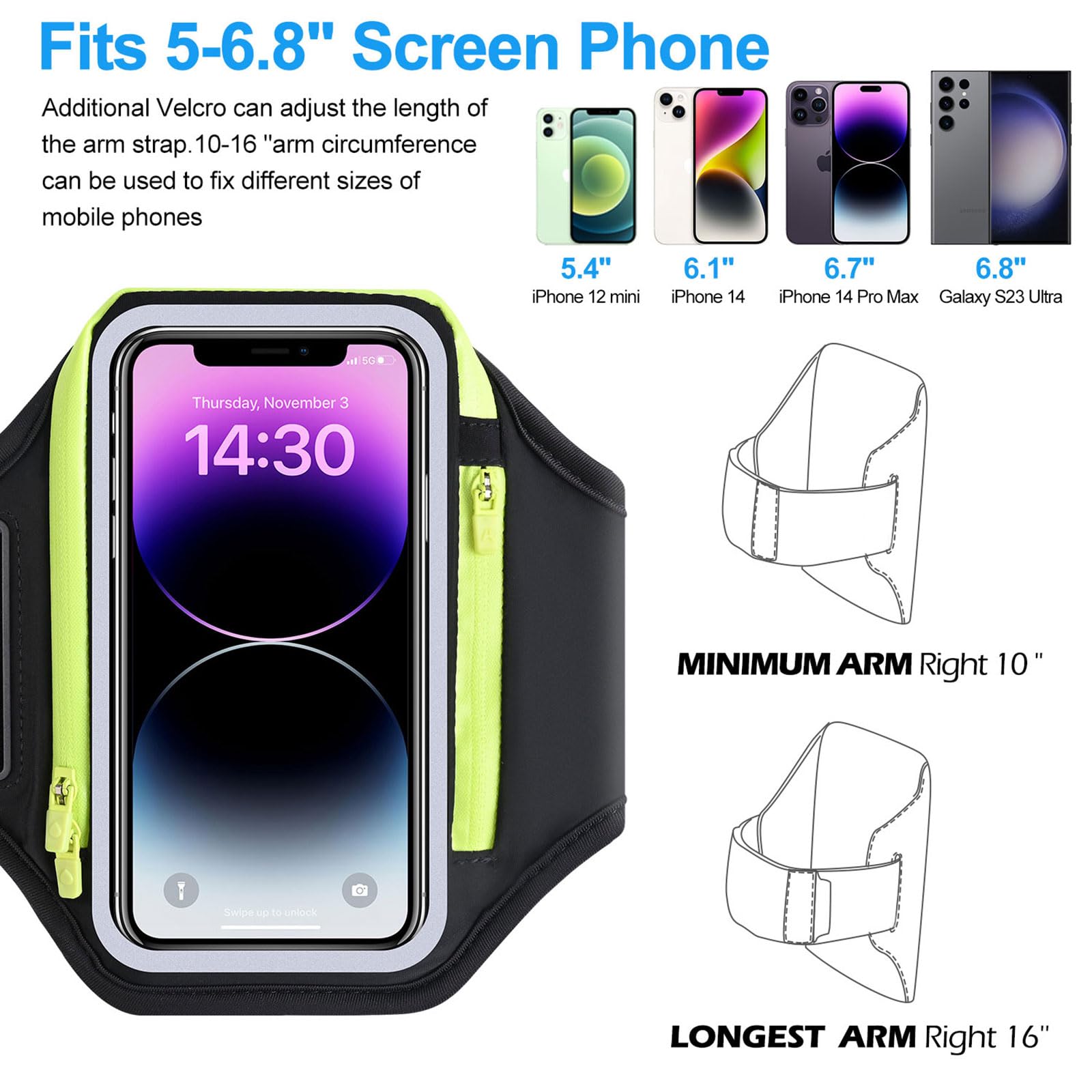 Running Phone Holder with Earphone Bag, MR.LUYU Cell Phone Arm Band Case for iPhone 15 14 13 12 11 Plus Pro Max Galaxy S23 S22 Ultra, Waterproof Armband Belt with Adjustable Strap Car Key Pocket