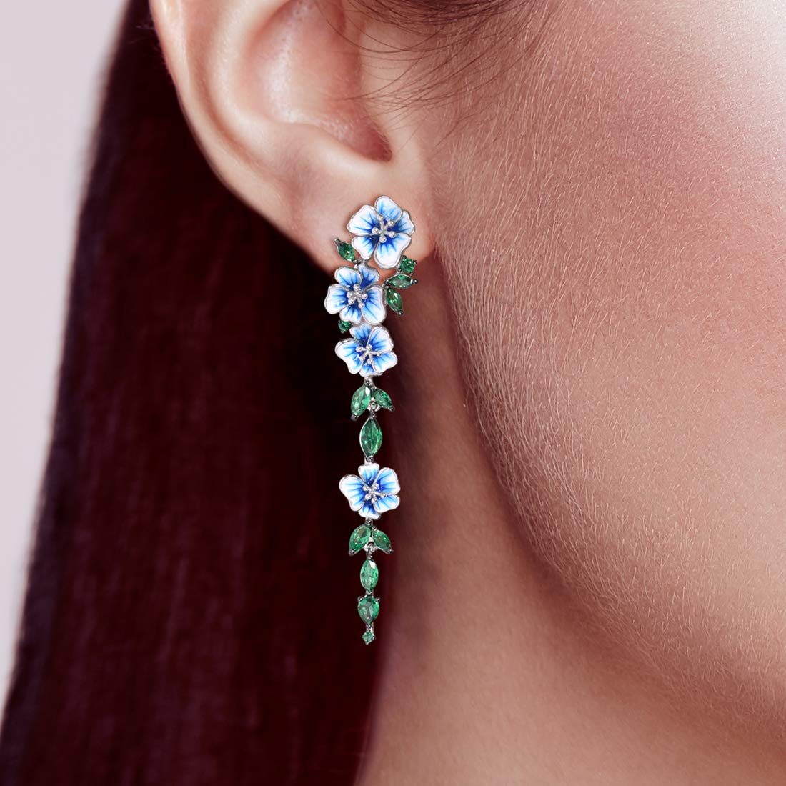 Santuzza Peony Earrings 925 Sterling Silver Green Spinel Handmade Enamel Blue Flower Gemstone Earrings for Women