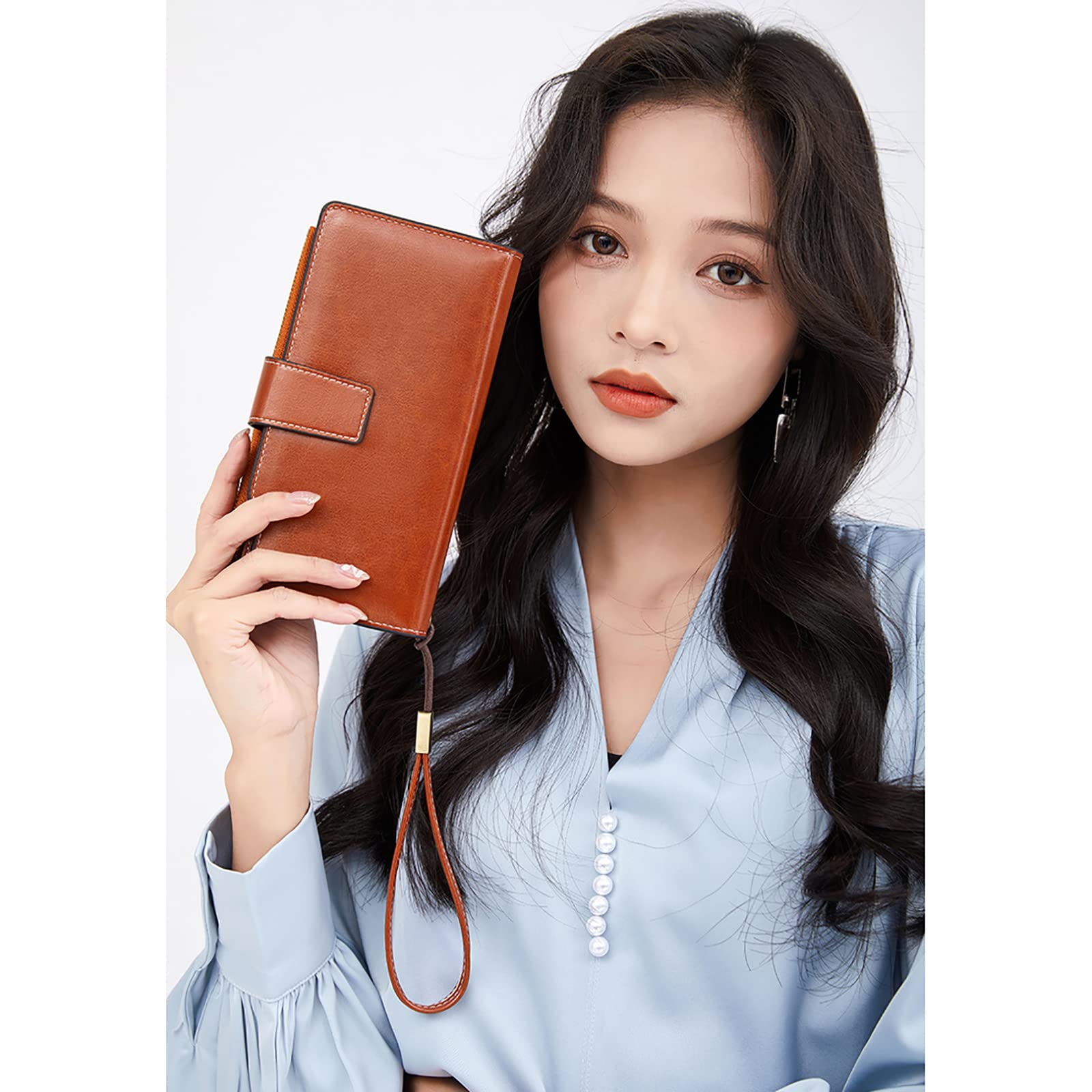 Women's RFID Blocking PU Leather Large Capacity Wallet Phone Holder Clutch Travel Purse Wristlet (Blue)