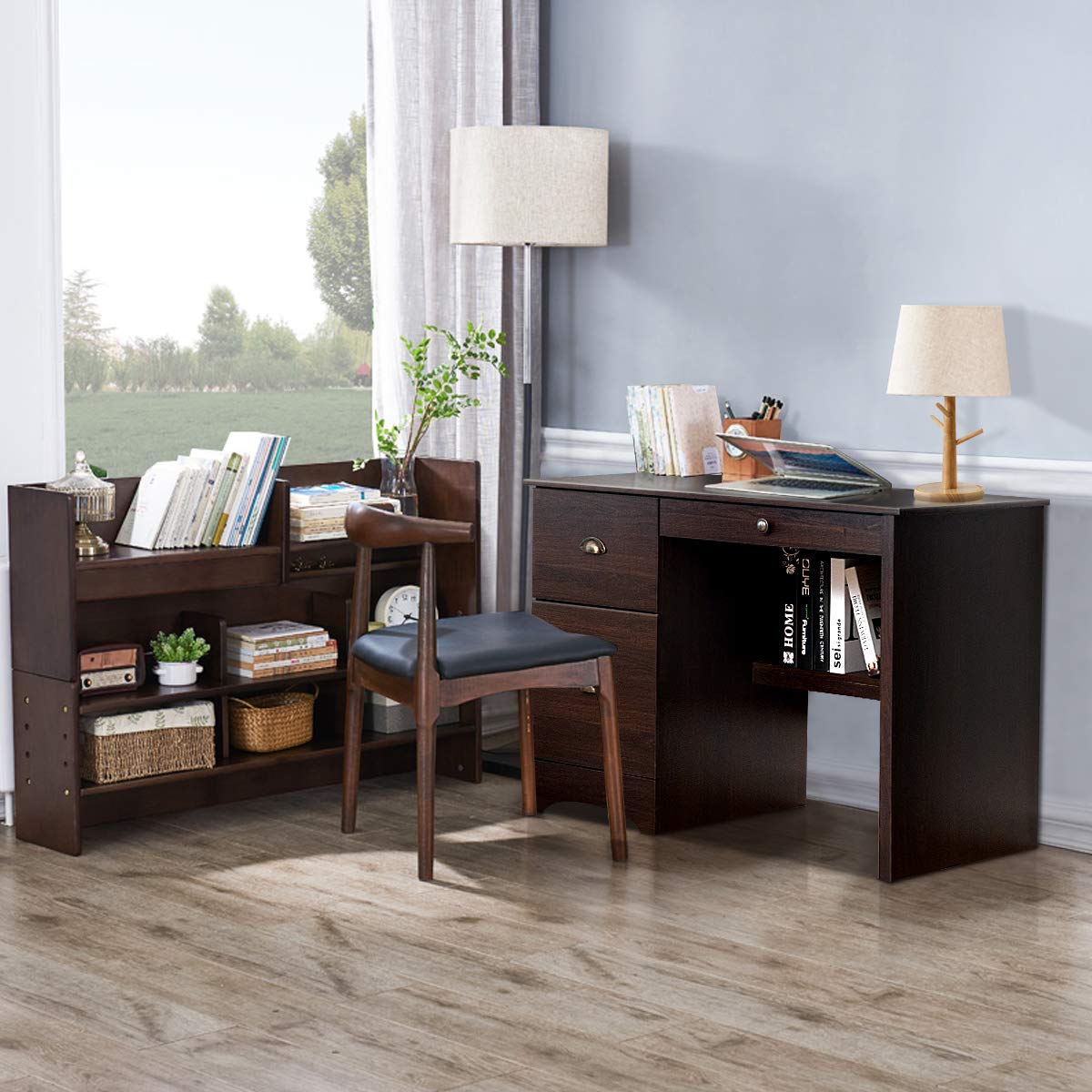Tangkula Computer Desk with Drawers, Wood Frame Home Office Desk with Storage Shelf, Vintage Desk Executive Desk with Spacious Desktop, Ideal for Bedroom, Living Room, Office