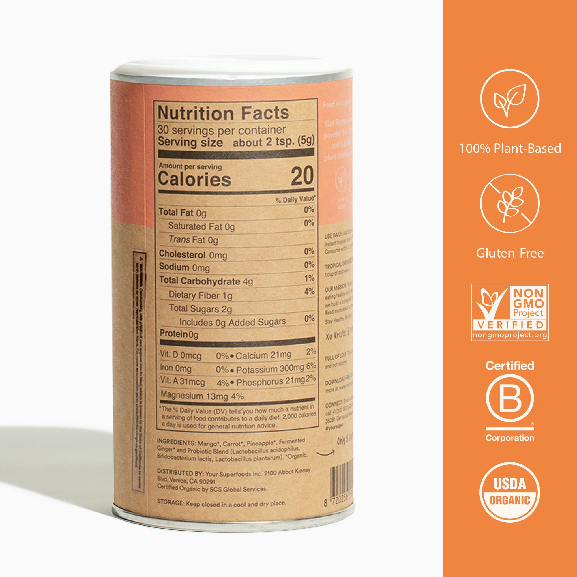 Your Super Gut Restore Superfood Powder β Organic Plant Based Powder with Probiotic Blend, Tropical Superfruit Drink Mix with Digestive Enzymes for Gut Health (30 Servings)