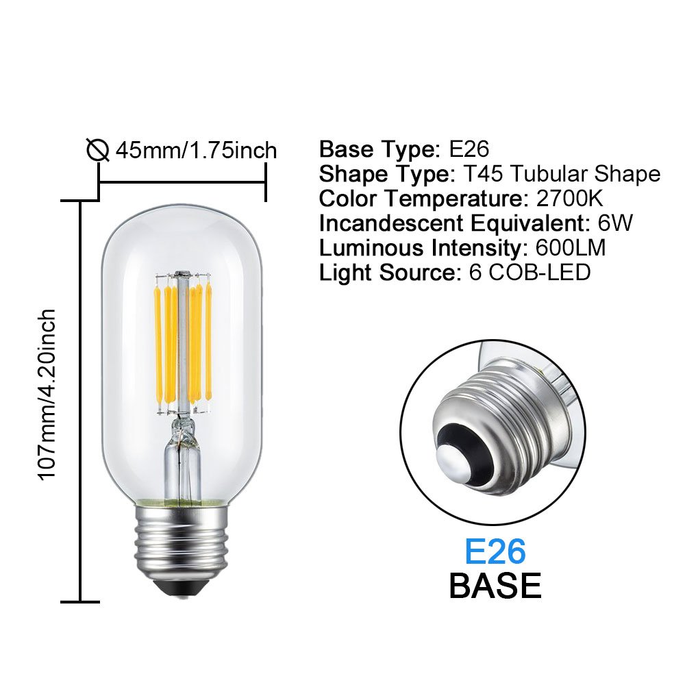 RAYHOO 6W E26 E27 LED Edison Light Bulbs Dimmable, E26 Medium Base T14(T45) LED Filament Tubular Light Bulb, Equivalent 60W Incandescent Replacement, 600LM, 3-Pack (Warm White 2700K)
