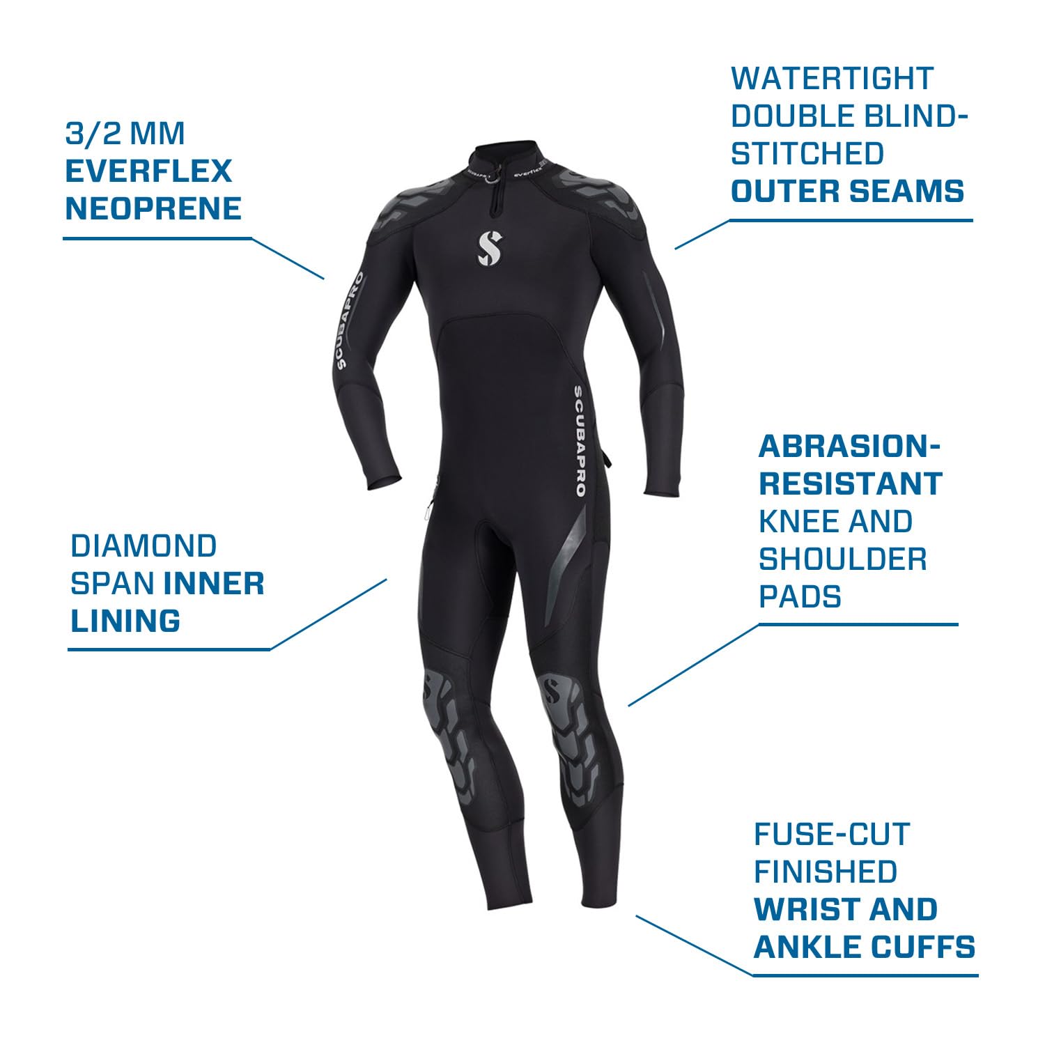 SCUBAPRO Everflex Steamer 3/2 mm Men’s Diving Wetsuit (Small, Black)