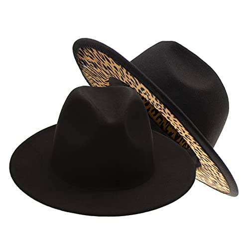 UTOWO Two-Tone Felt-Fedora-Panama-Hats-for-Women-Men, Wide Brim Black & Leopard Patchwork Fedora Jazz Cap