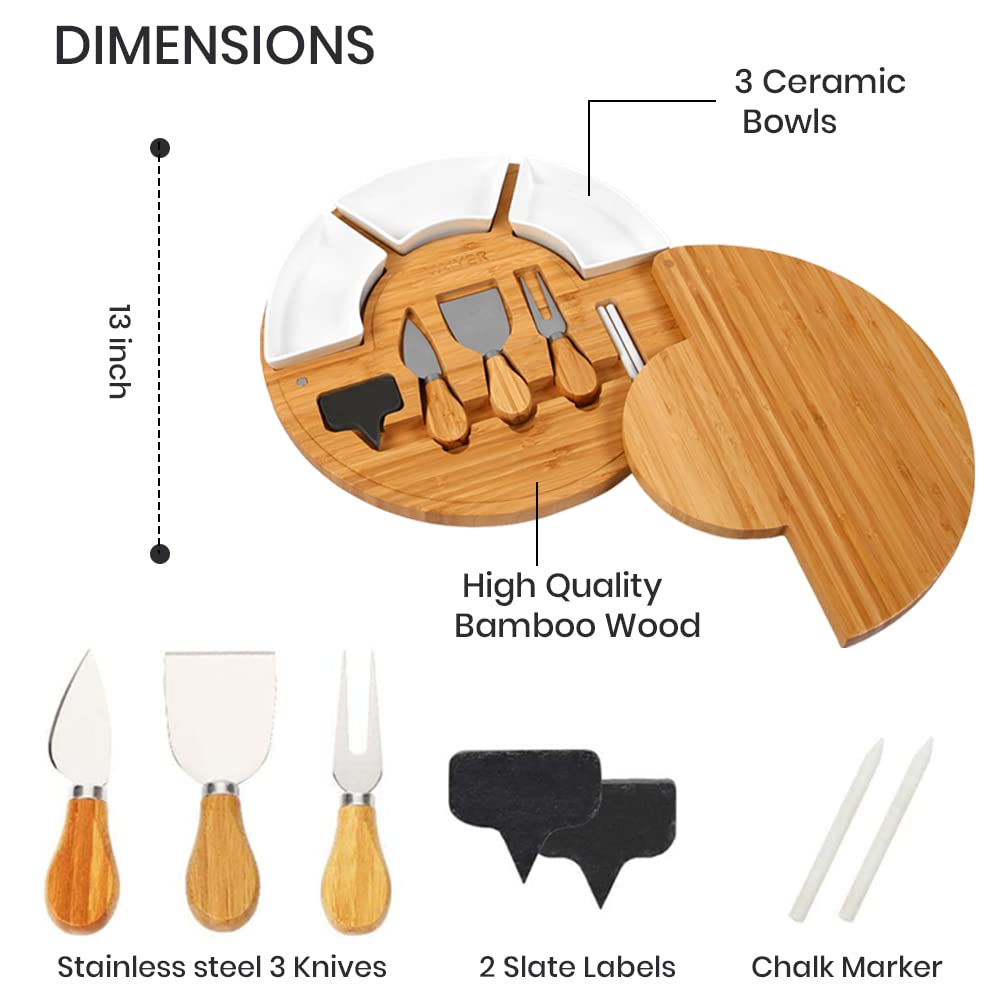 Vaiyer Charcuterie Cheese Cutting Board Set with 13 Inch Round Cheese Board with 3 Knives, 3 Ceramic Bowls with 2 Slate Labels and Chalk Marker, Serving Platter Meat, Housewarming Gift