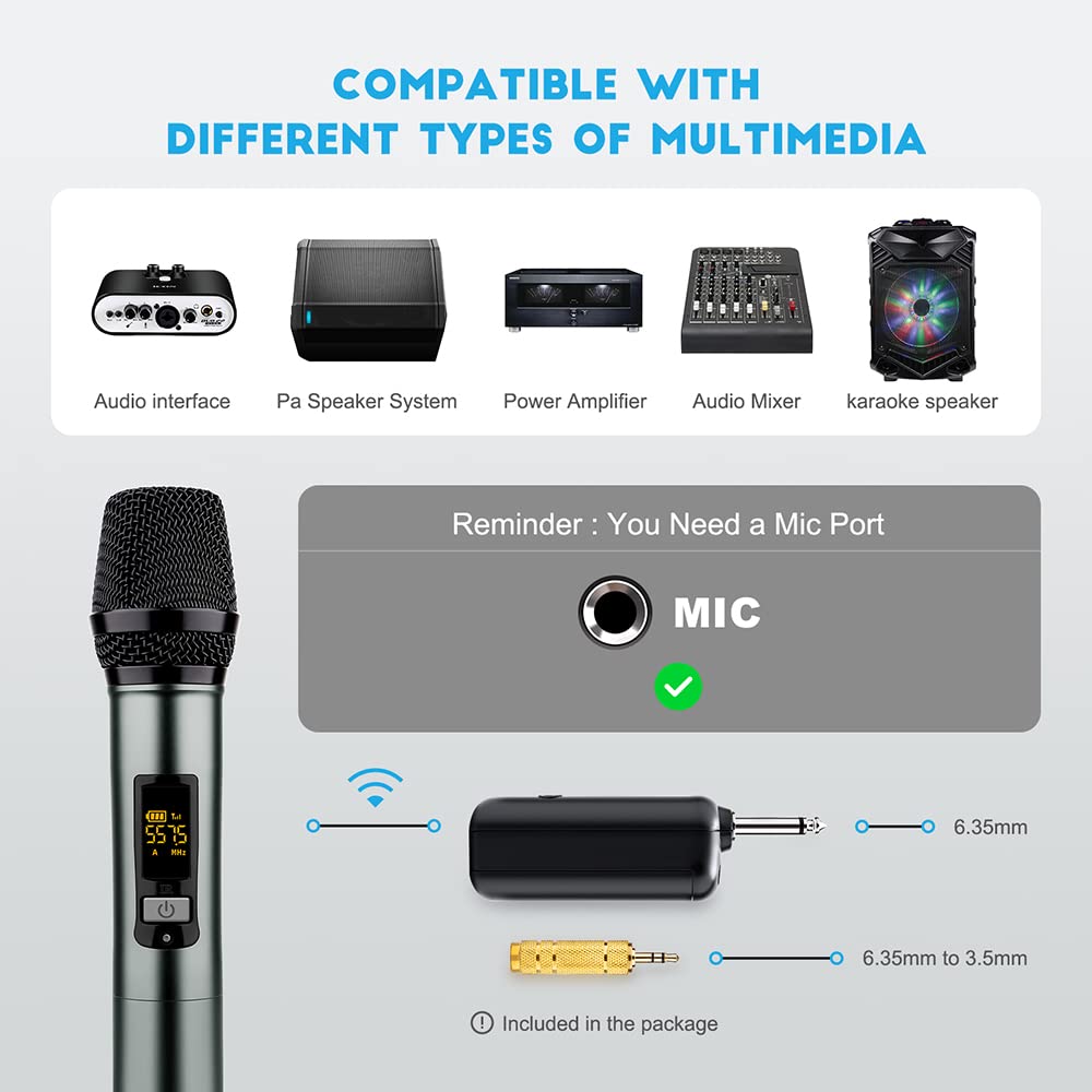 PLINUS Rechargeable Wireless Microphone, UHF Mic with 2 Handheld Dynamic Cordless Microphones with Portable Receiver, 180ft, for Party, Speech, Karaoke Singing, Class, Wedding, DJ, Church