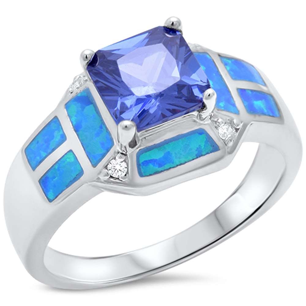 Oxford Diamond Co Princess Cut Simulated Tanzanite, Lab Created Blue Opal & Cz .925 Sterling Silver Ring sizes 8