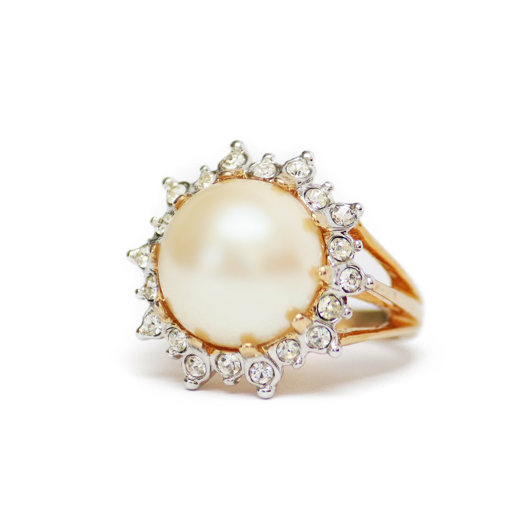 Providence Vintage Jewelry 1970's Pearl Bead and Austrian Crystal Ring 18k Yellow Gold Electroplated