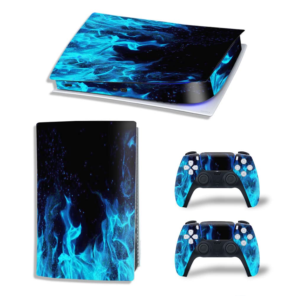 UUShop Skin Sticker Decal Cover for PS5 Digital Edition Console and Controllers Ice Blue Flame