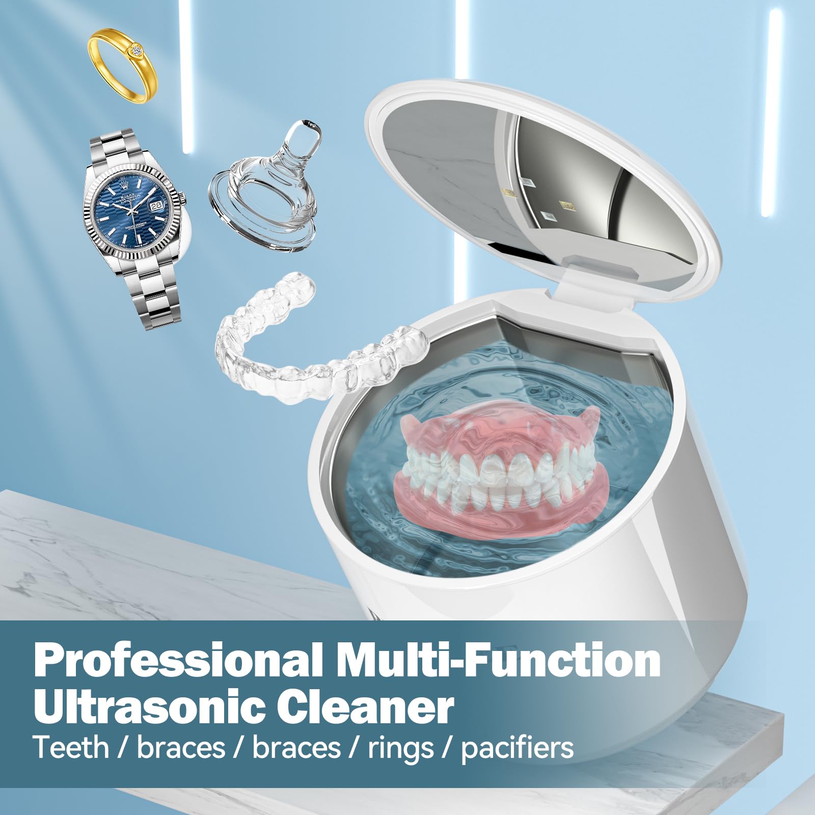 Rechargeable Dentures Cleaning Machine, Ultrasonic Cleaner for Dentures, Retainer, Aligner, Mouth Guard, Braces, Jewelry, Whitening Trays, 45kHz Portable Ultrasonic Retainer Cleaner