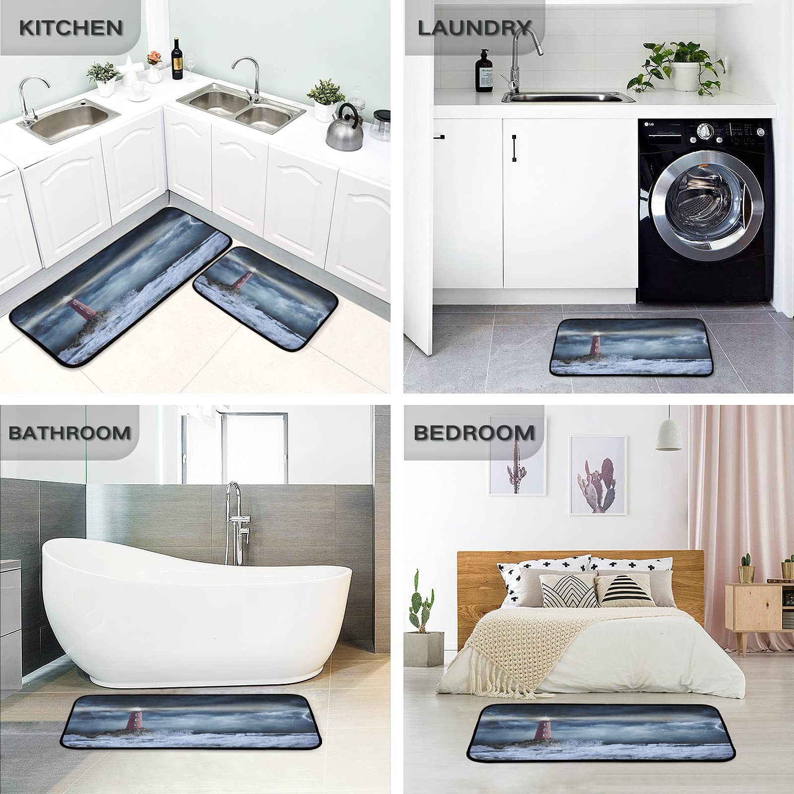 xigua 2 Pieces Stormy Landscape Lighthouse Kitchen Rugs and Mats Set Absorbent Soft Microfiber Bath Mat Non-Slip Kitchen Mat Doormat Runner Set, 19.7"x47.2"+19.7"x27.6"