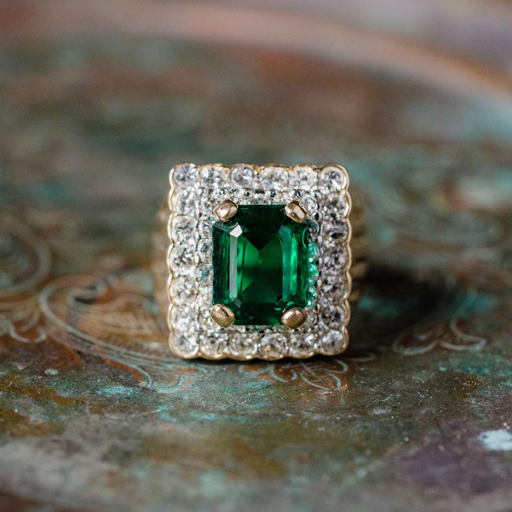 Providence Vintage Jewelry Emerald and Clear Austrian Crystal 18k Gold Plated Cocktail Ring
