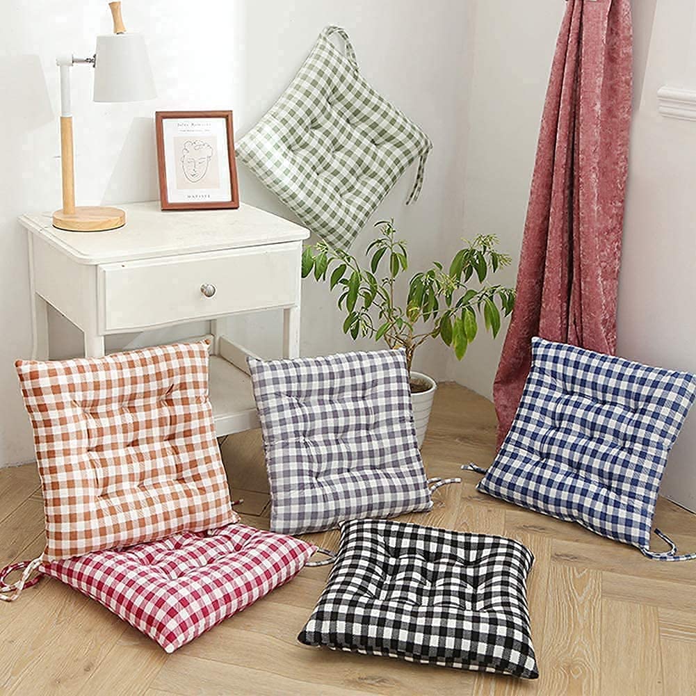 WAGHAIXAX 16 inch x16 Buffalo-Checked Plaid Dining Chairs Cushions, Soft Seat Pads Set Cotton Filled Square Cushion Chair for Kitchen Room Office, with Ties (Green, 2)