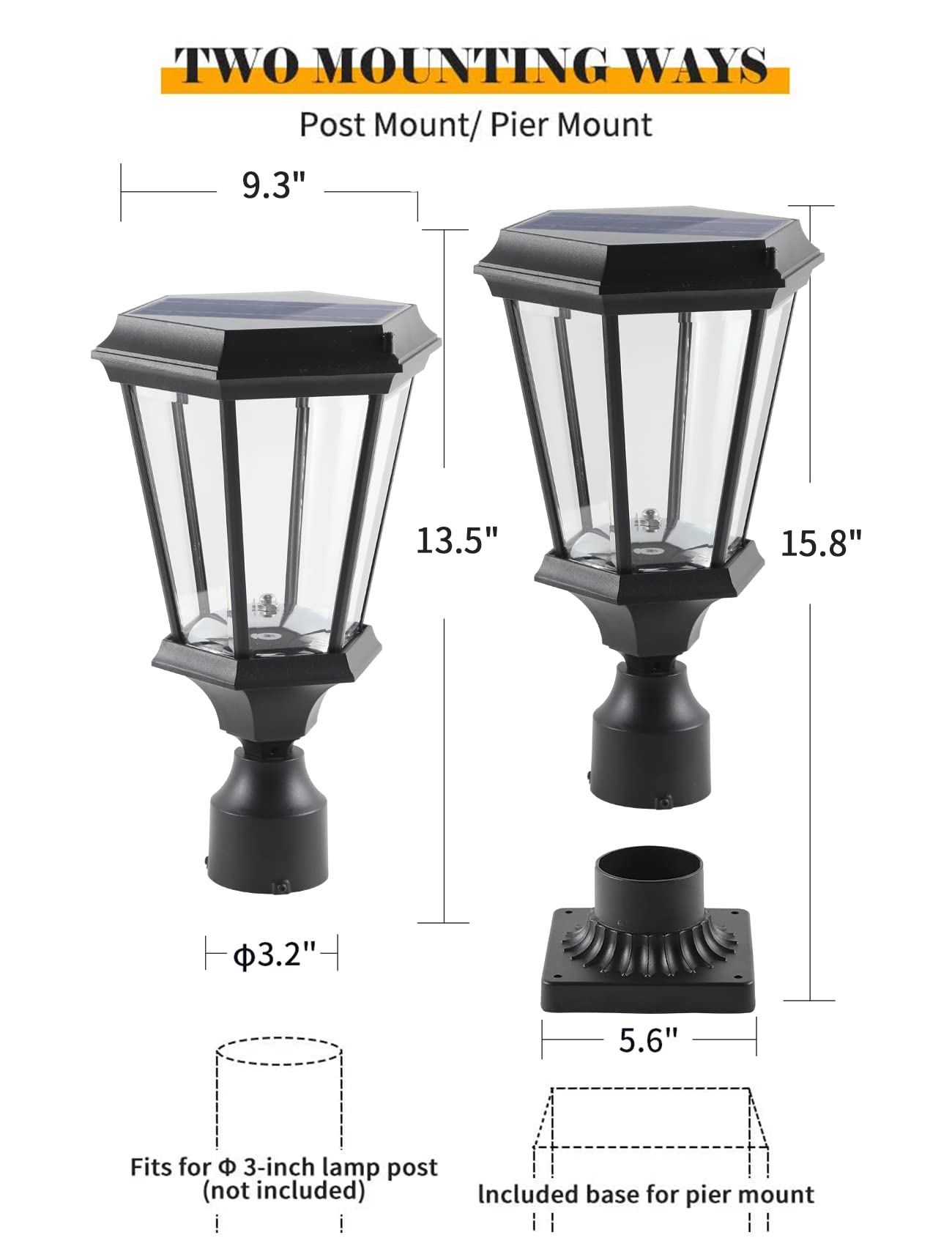 VOCLDFA Solar Post Light, Dusk to Dawn Sensor Pillar Light Fixture 15.8"H, Waterproof LED Exterior Lamp Post Lantern, Aluminum Outdoor Post Light, Pole Lanterns Outdoor with 3-Inch Pier Mount Adapter