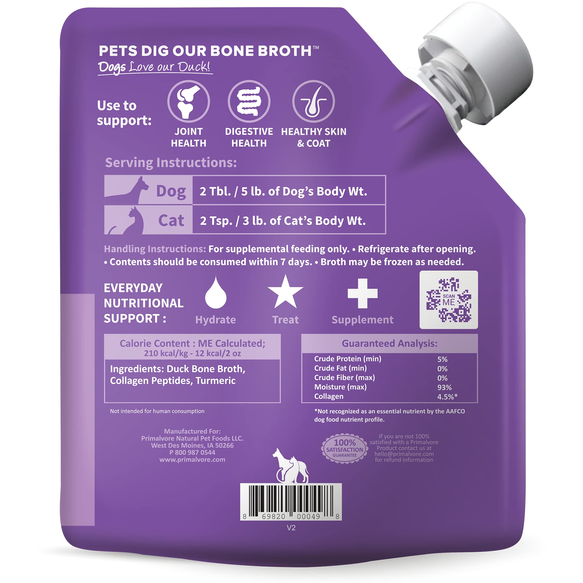 Primalvore All-Natural Duck Bone Broth for Dogs &Cats, Mobility Formula w/Collagen Peptides Supports Hip & Joints, Digestion, Skin&Coat and Hydration, Grain Free, Human Grade, Made in USA. Duck 2 Pack