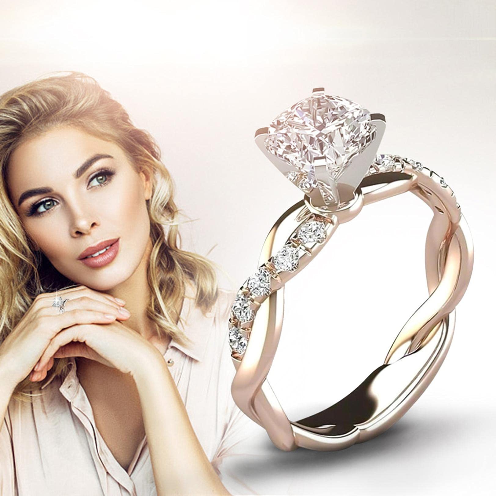 TT&Louis 2PC Ladies Luxury Diamond Ring Set, Bridal Wedding Jewelry Exquisite Zircon Ring (Gold, 8)