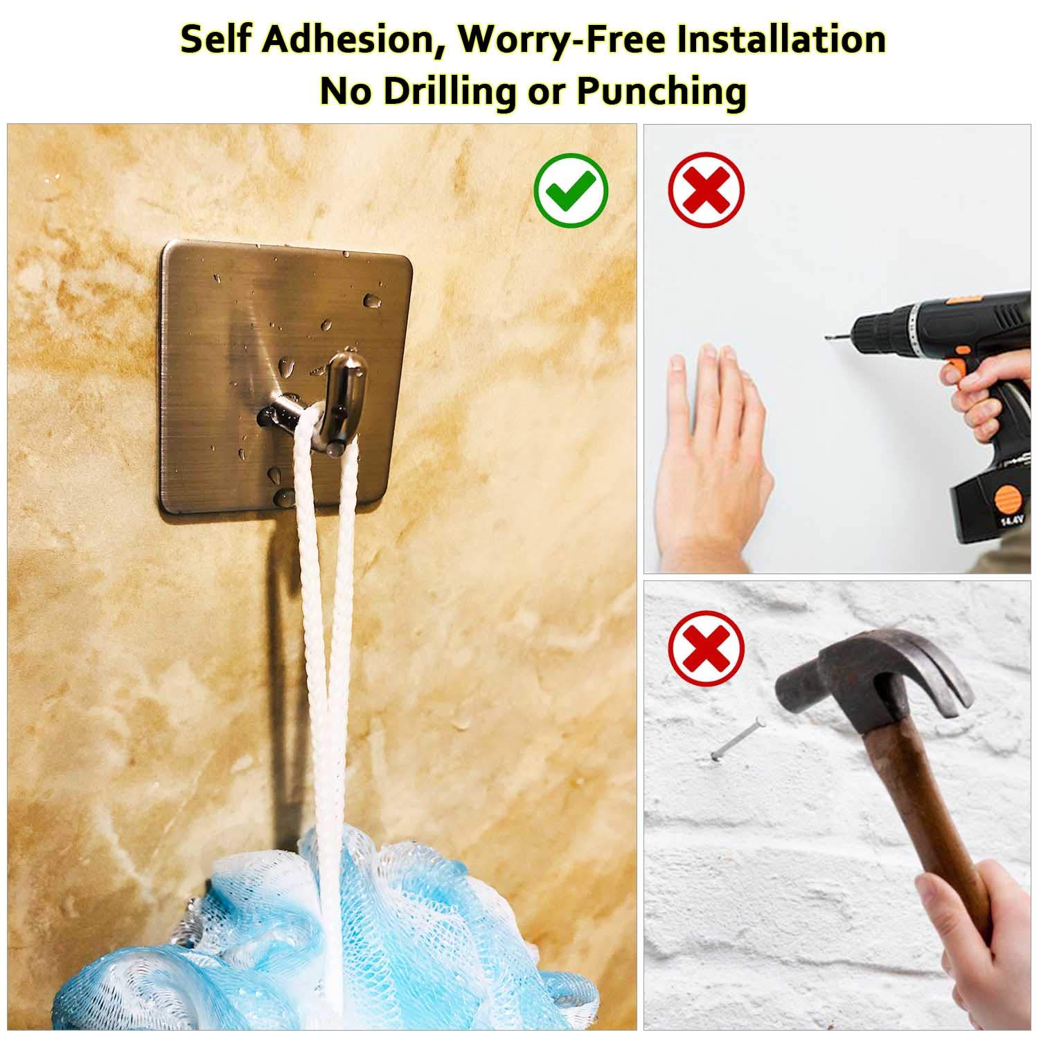 Self Adhesive Hooks - Heavy Duty Wall Hanger, 304 Stainless Steel, Waterproof Sticky Robe & Towel Hook for Hanging Coat, Bag, Hat, Stocking, Bathroom Bedroom Kitchen Heavy Duty Hooks (S1-5pack)